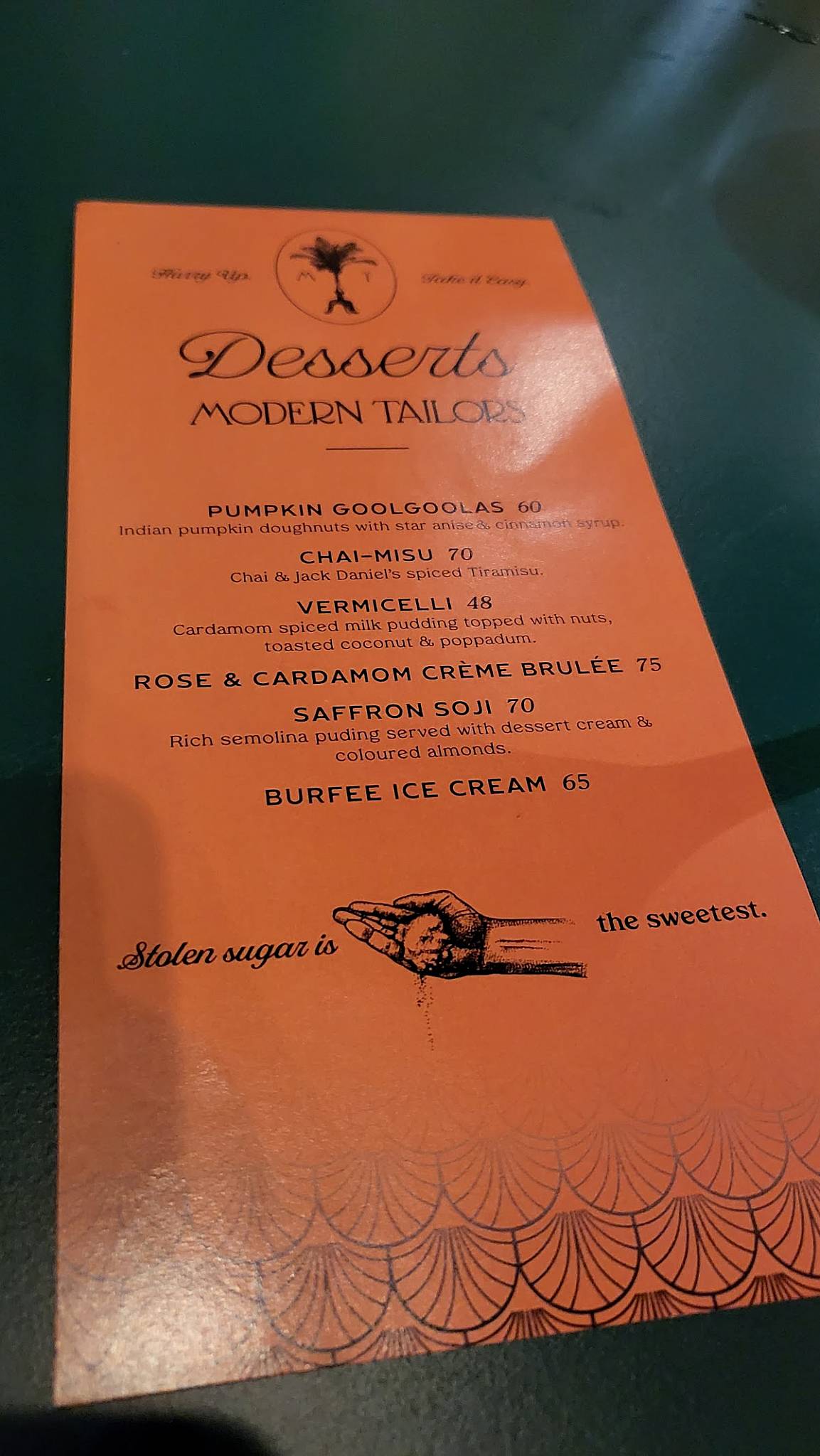 Menu at Modern Tailors restaurant, Johannesburg