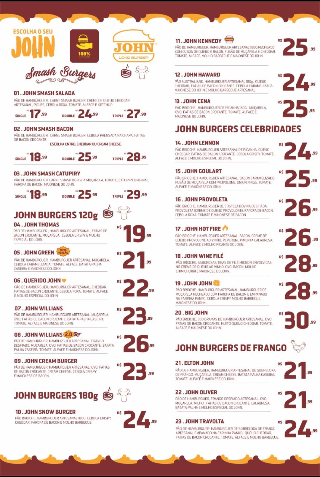 Menu em John Burger restaurante, Montes Claros