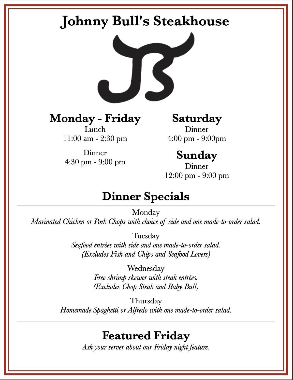 Menu at Johnny Bull's Steakhouse, Louisburg