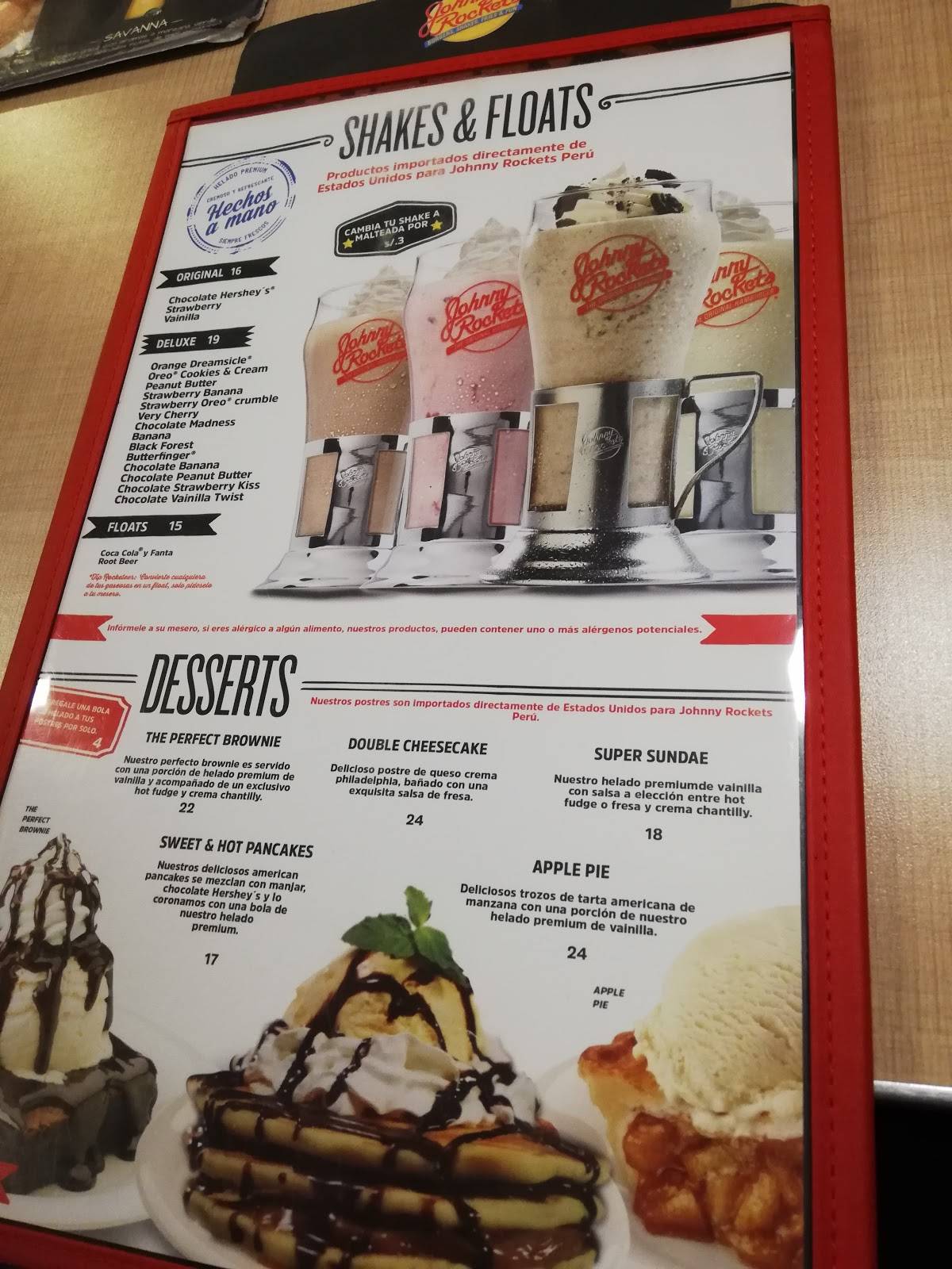 Carta del restaurante Johnny Rockets, Miraflores