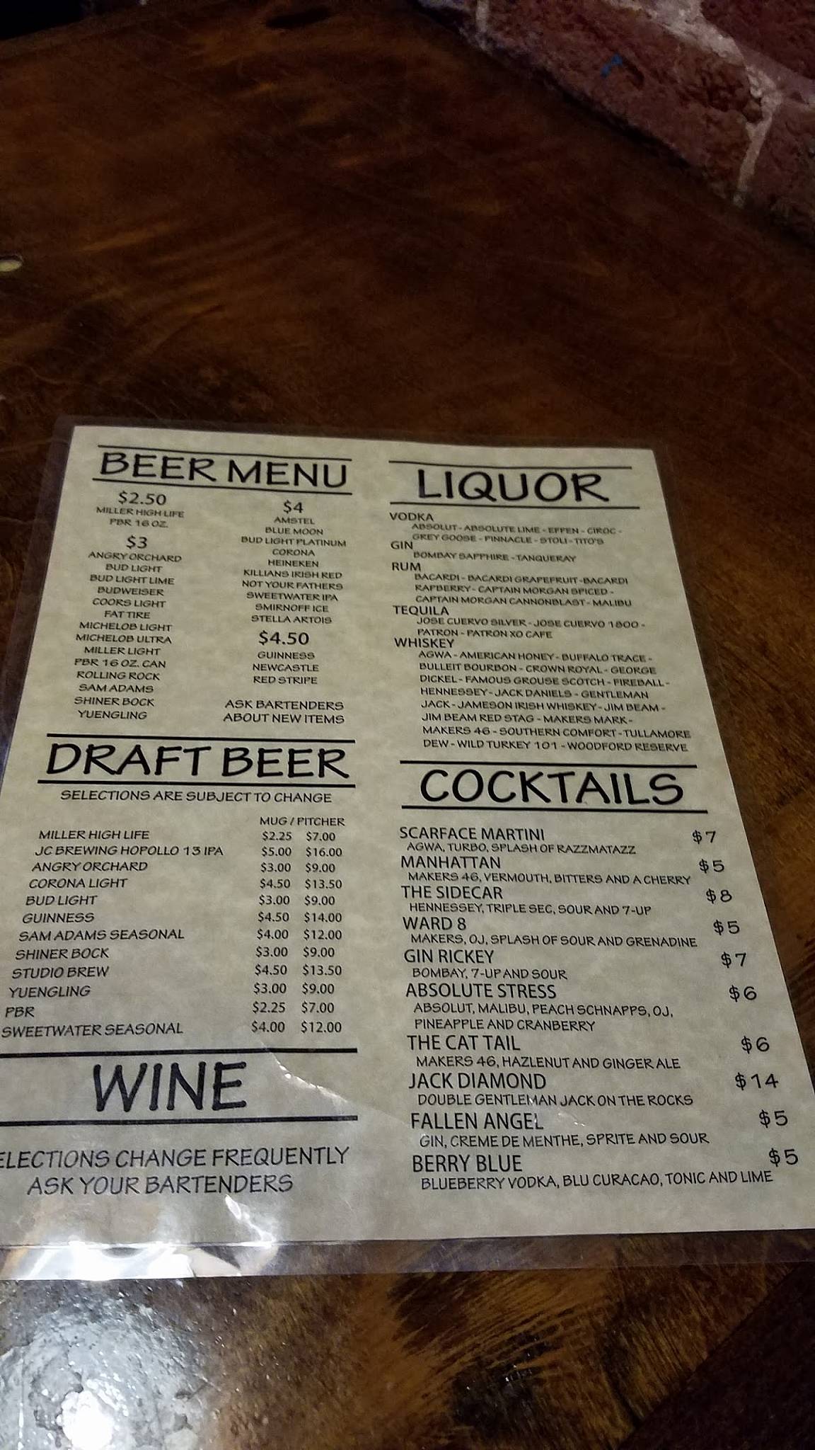 Menu at Capone's pub & bar, Johnson City