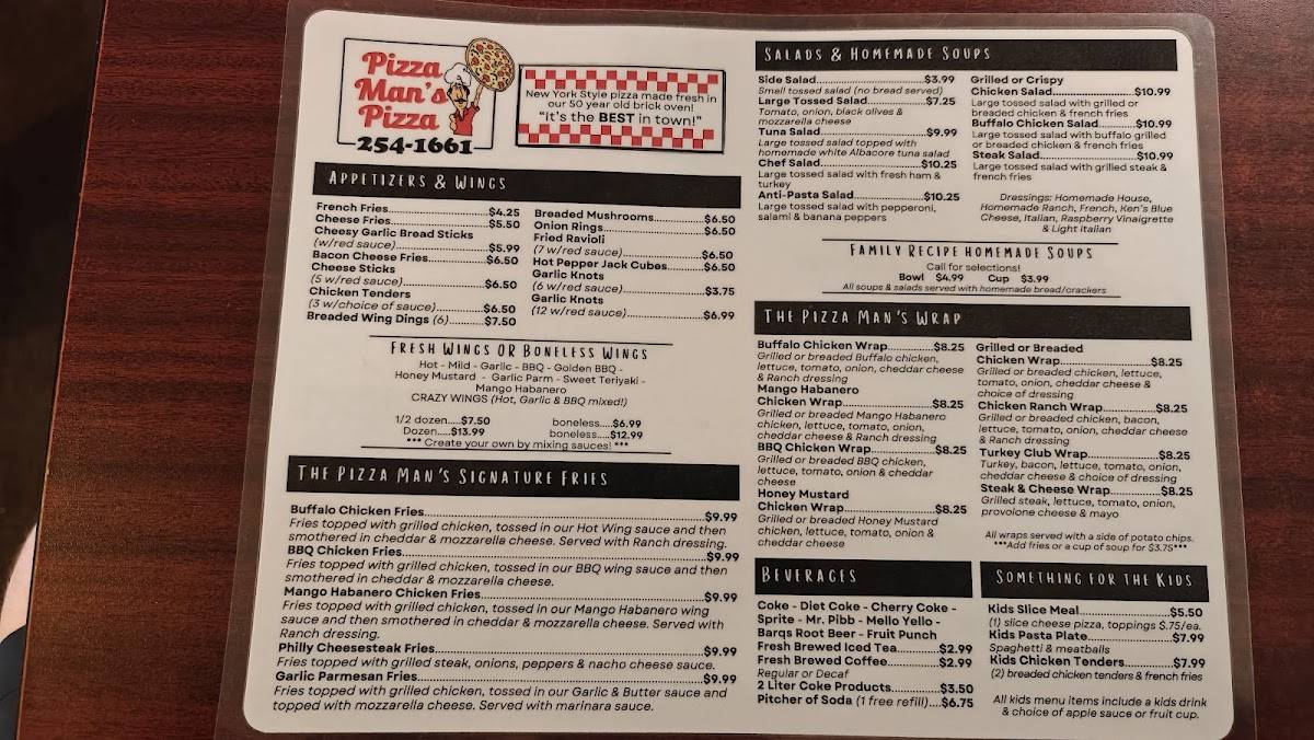 Menu at Pizza Man's Pizza pizzeria, Johnstown, Lyter Dr