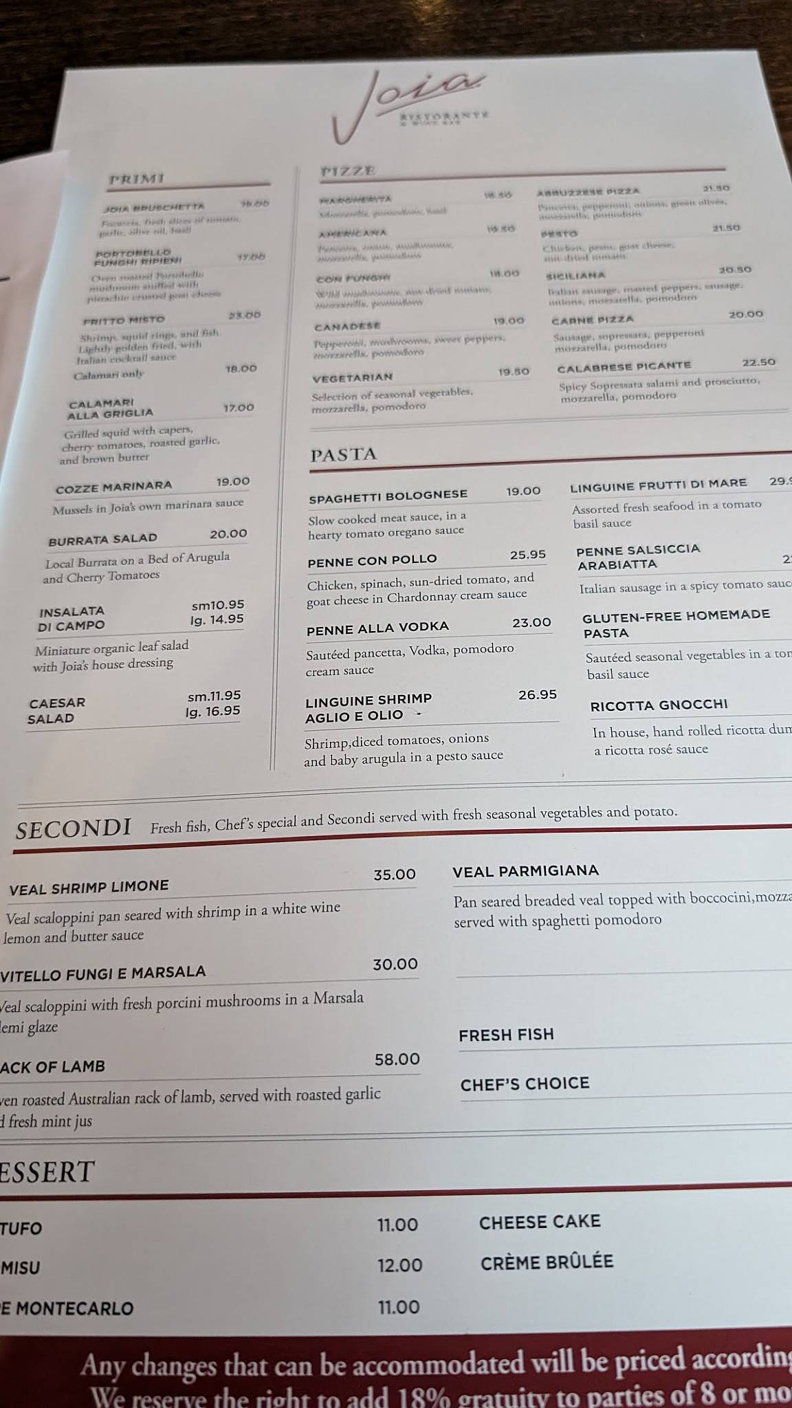 Menu at Joia Ristorante restaurant, Aurora