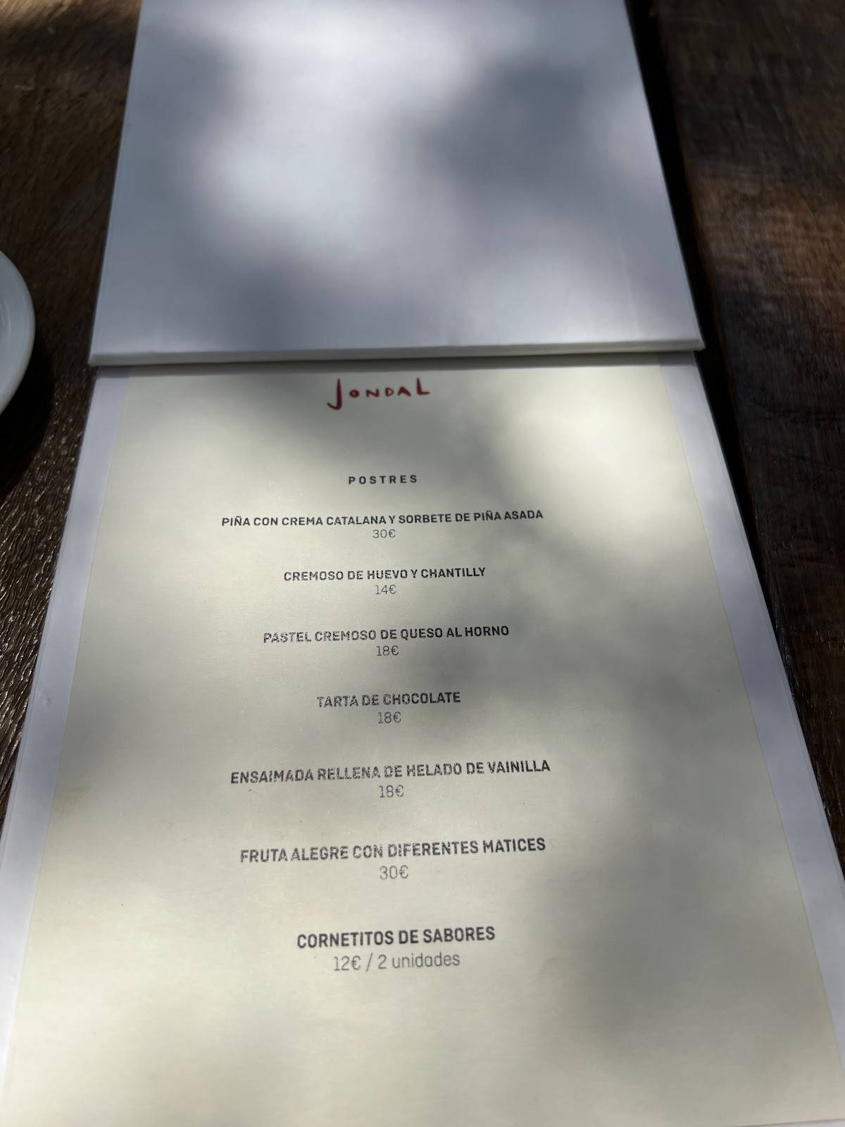 Menu at Jondal restaurant, Formentera