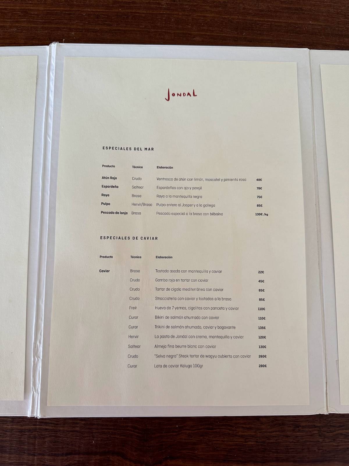Menu at Jondal restaurant, Formentera