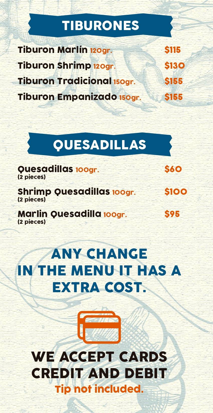 Menu at Juan Tiburón restaurant, Puerto Vallarta, Viena 131