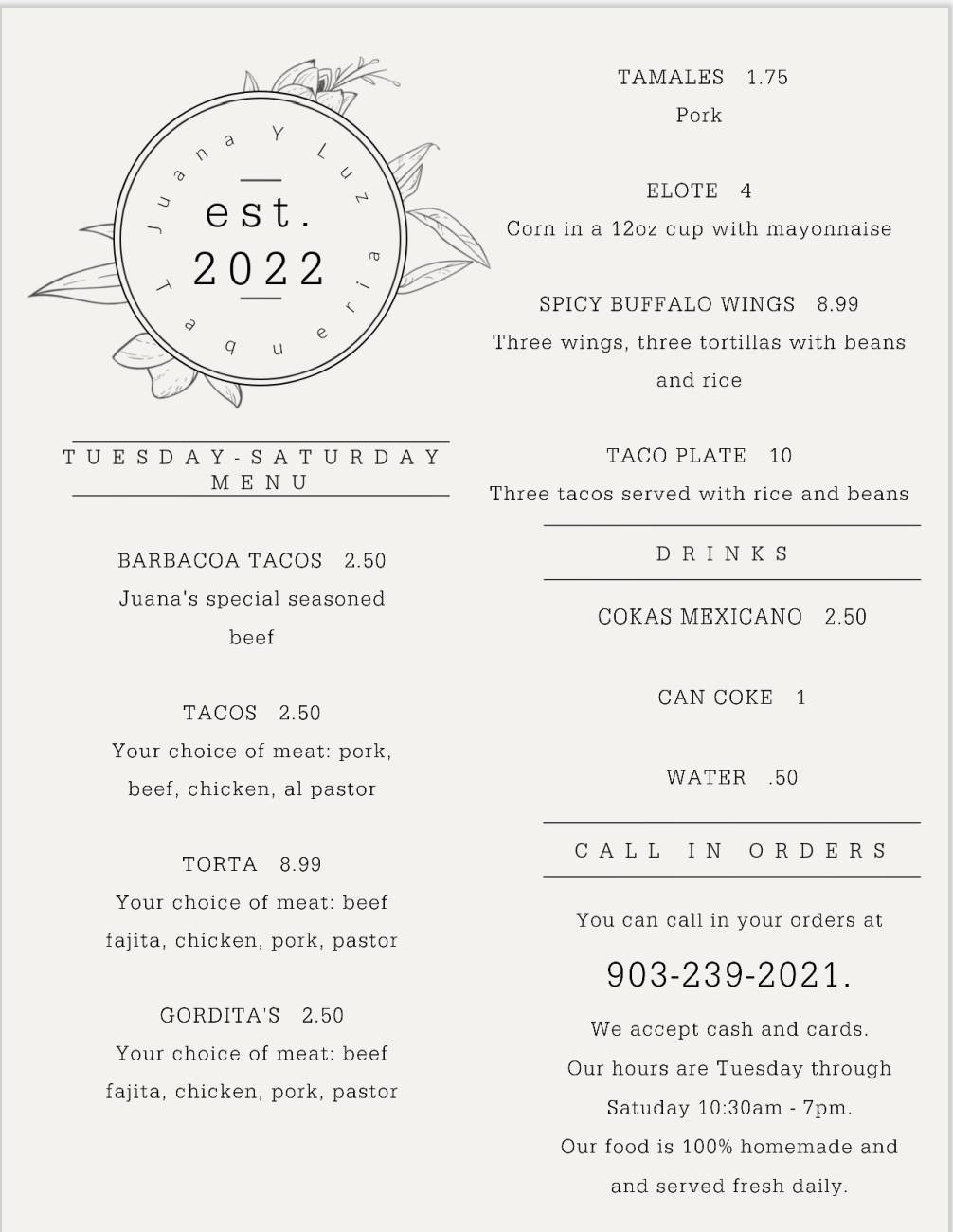 Menu at Juana Y Luz Taqueria restaurant, New Boston