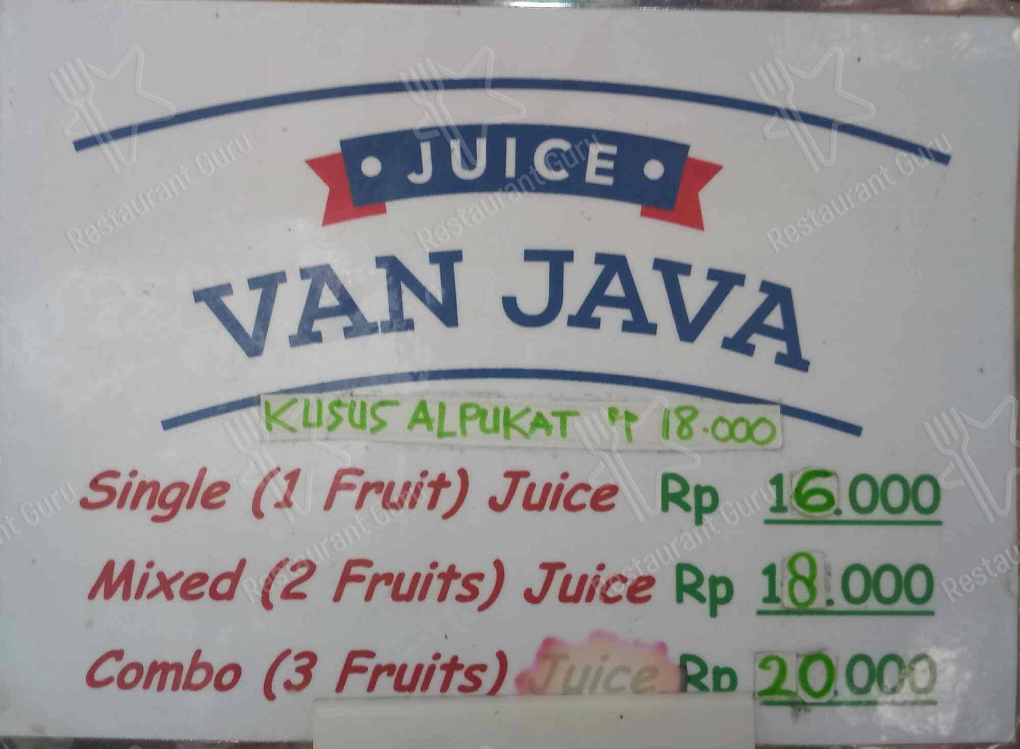 Menu at Juice Van Java pub & bar, Jakarta