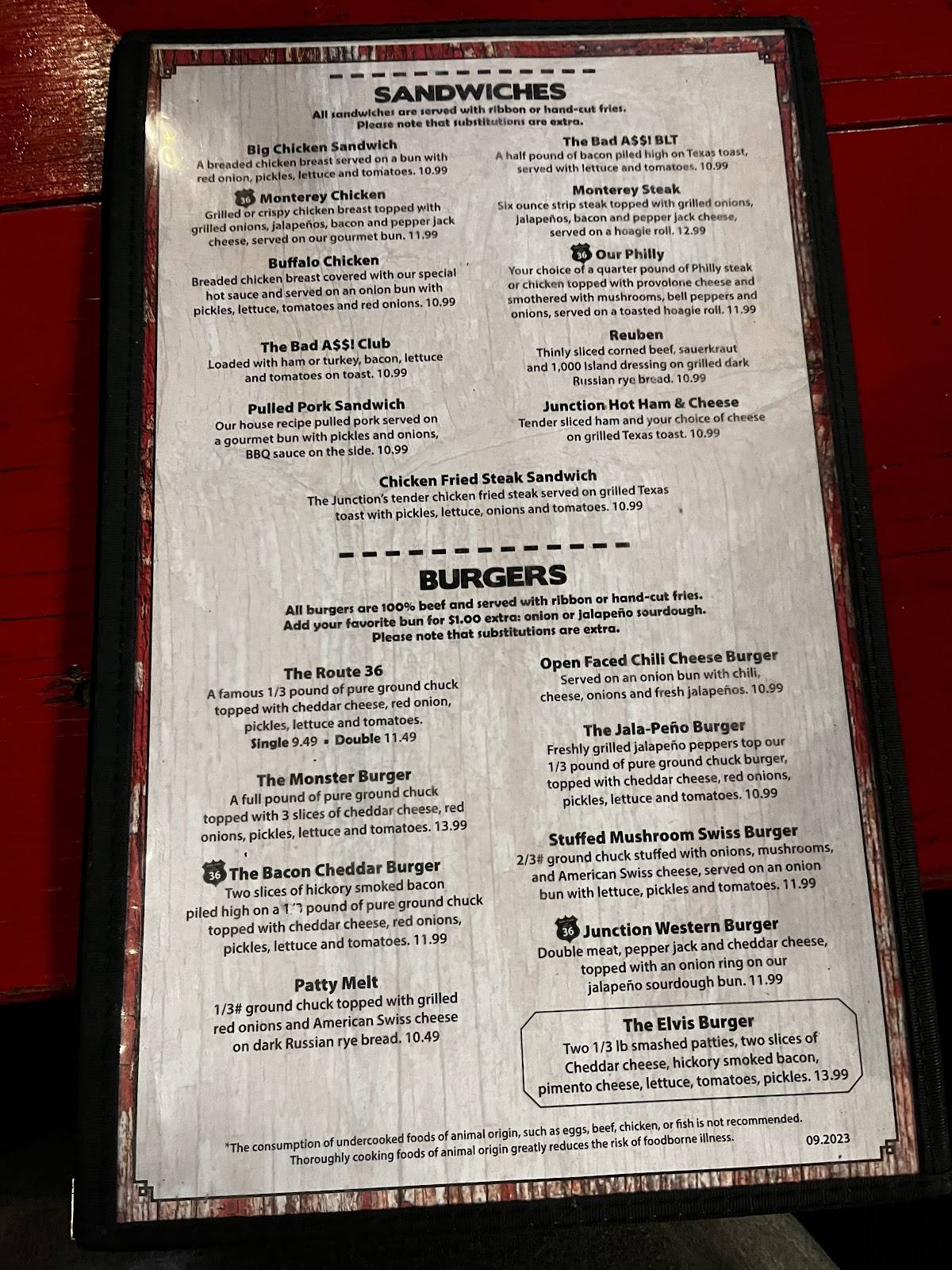 Menu at Junction on Route 36 pub & bar, Gatesville, TX-36 N