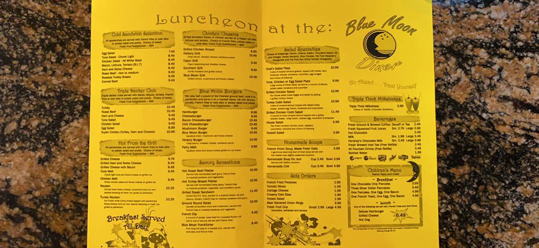 Menu at Blue Moon Diner restaurant, Palm Beach Gardens