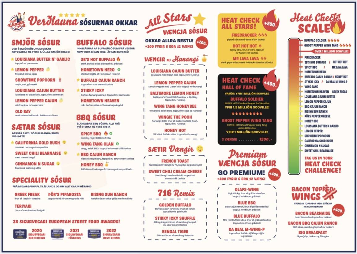 Menu at Just Wingin it restaurant, Reykjavík