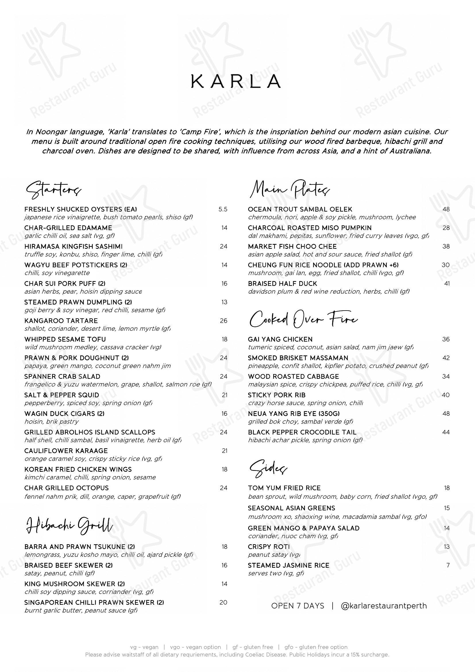 Menu at KARLA restaurant, Perth