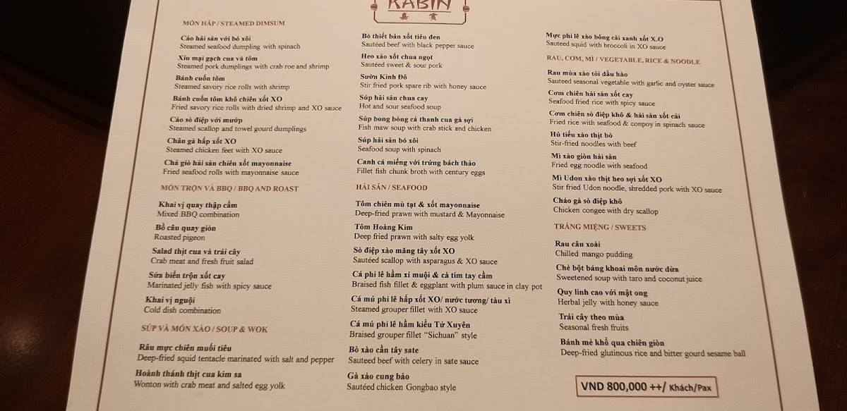 Menu at Kabin restaurant, Ho Chi Minh City, 15 Đ. Tôn Đức Thắng