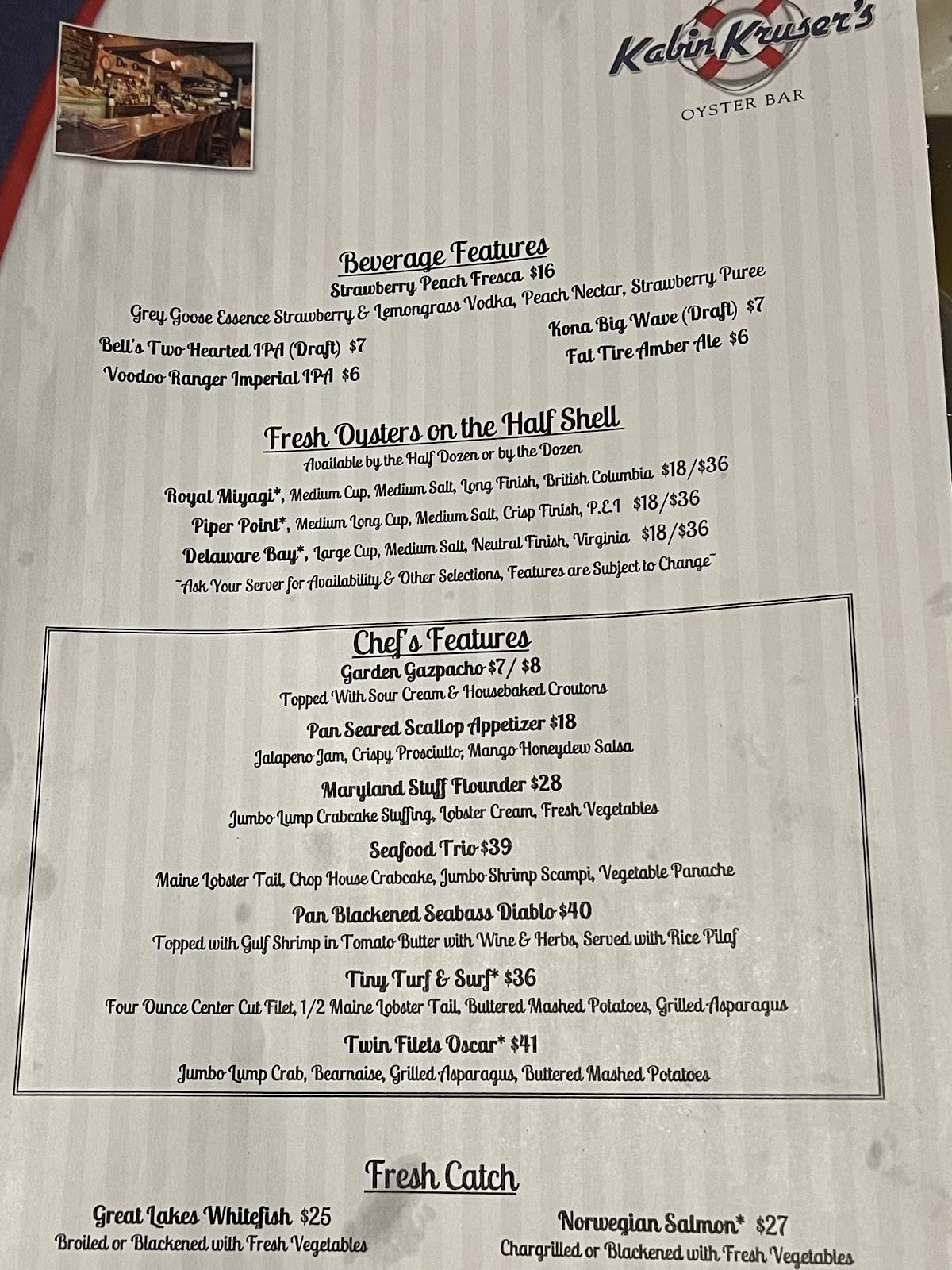 Menu at Kabin Kruser's Oyster Bar, Rochester, 306 S Main St