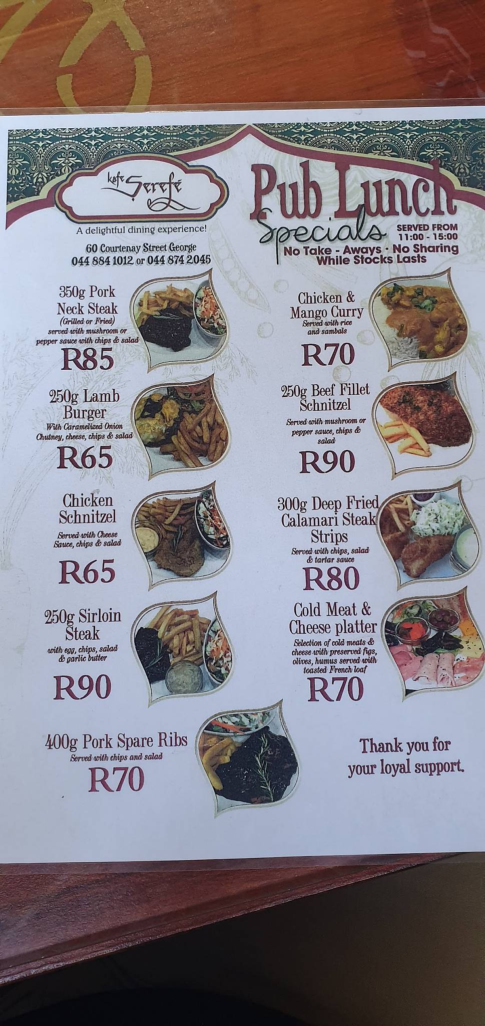 Menu at Kafe Serefe restaurant, George