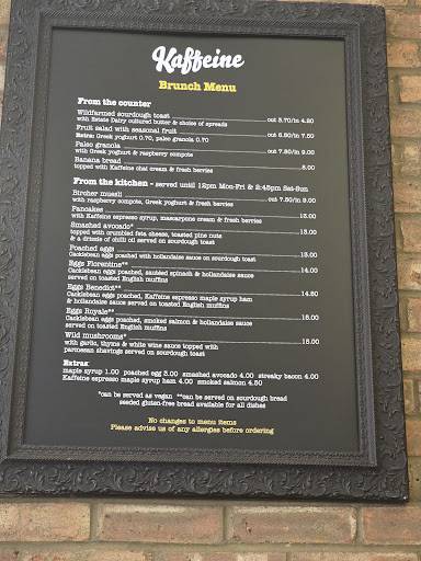 Menu at Kaffeine cafe, London, 66 Great Titchfield St.