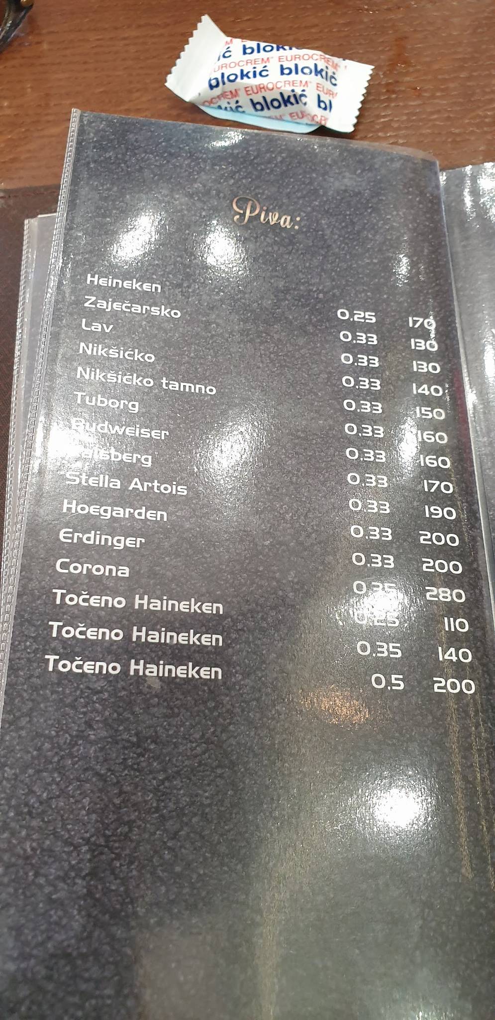 Menu at Kafić Bakardi cafe, Arilje