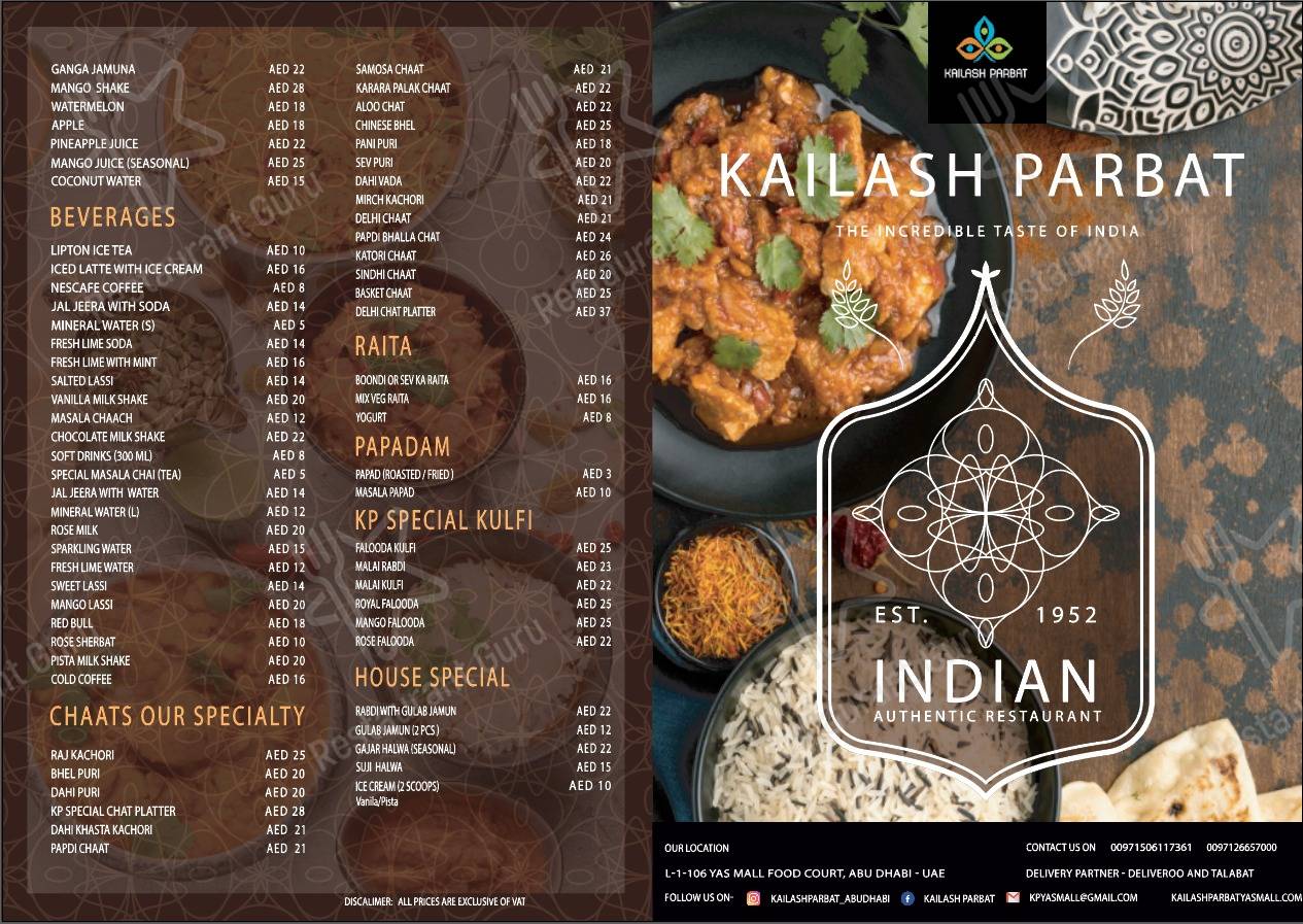 Menu at Kailash Parbat Restaurant LLC YAS MALL FOOD COURT L1-106 YAS ...