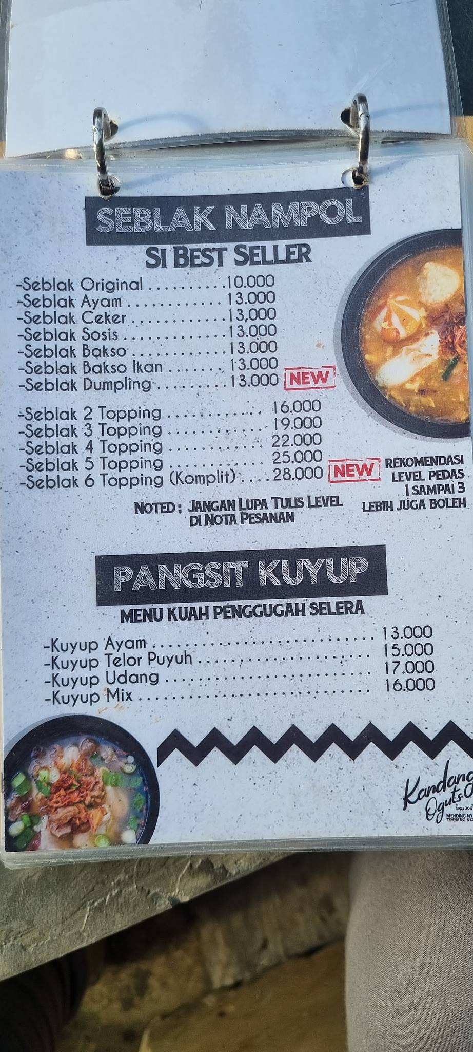Menu at Kandang ogut's cafeteria, Semanu