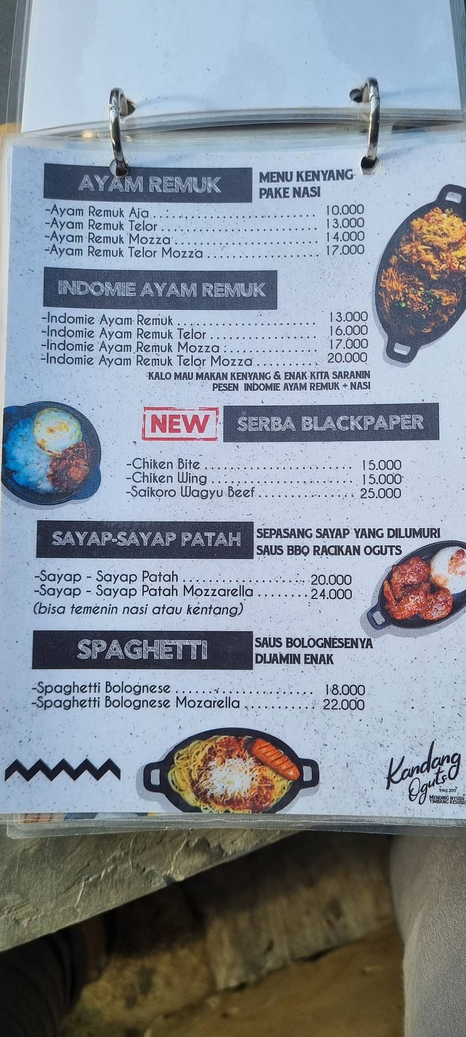 Menu at Kandang ogut's cafeteria, Semanu