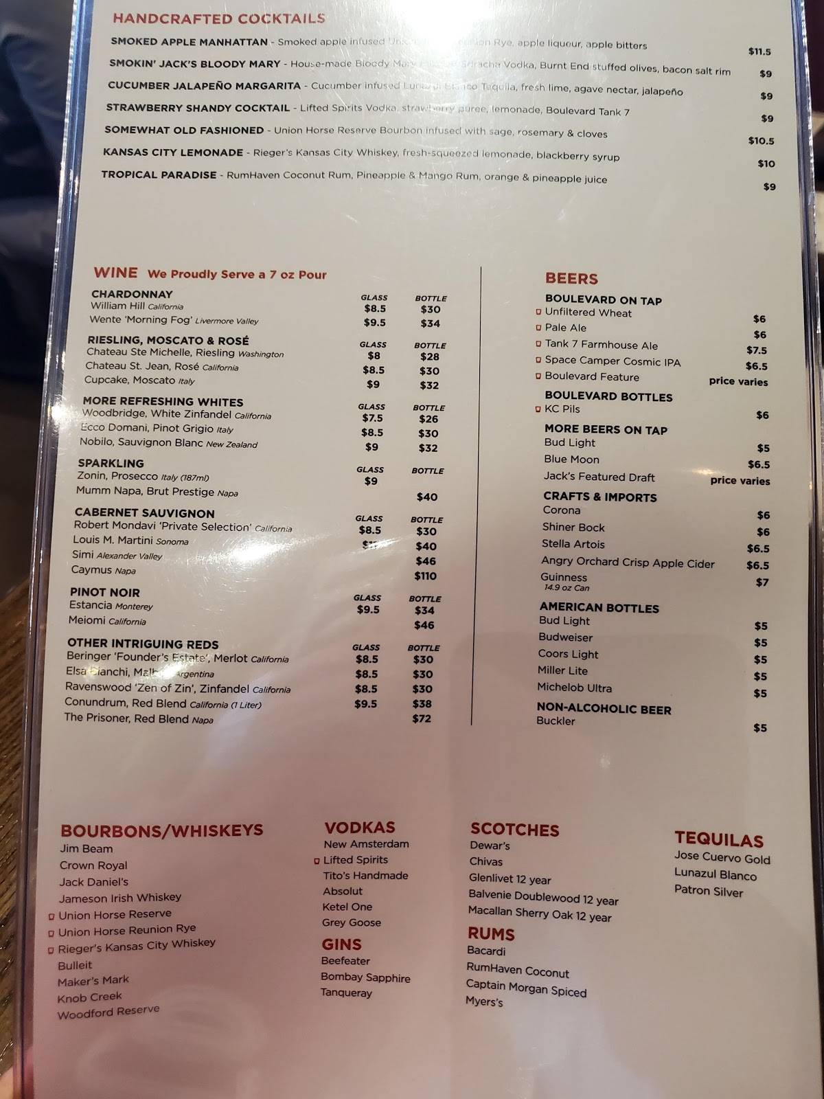 Menu at Jack Stack Barbecue - Freight House, Kansas City