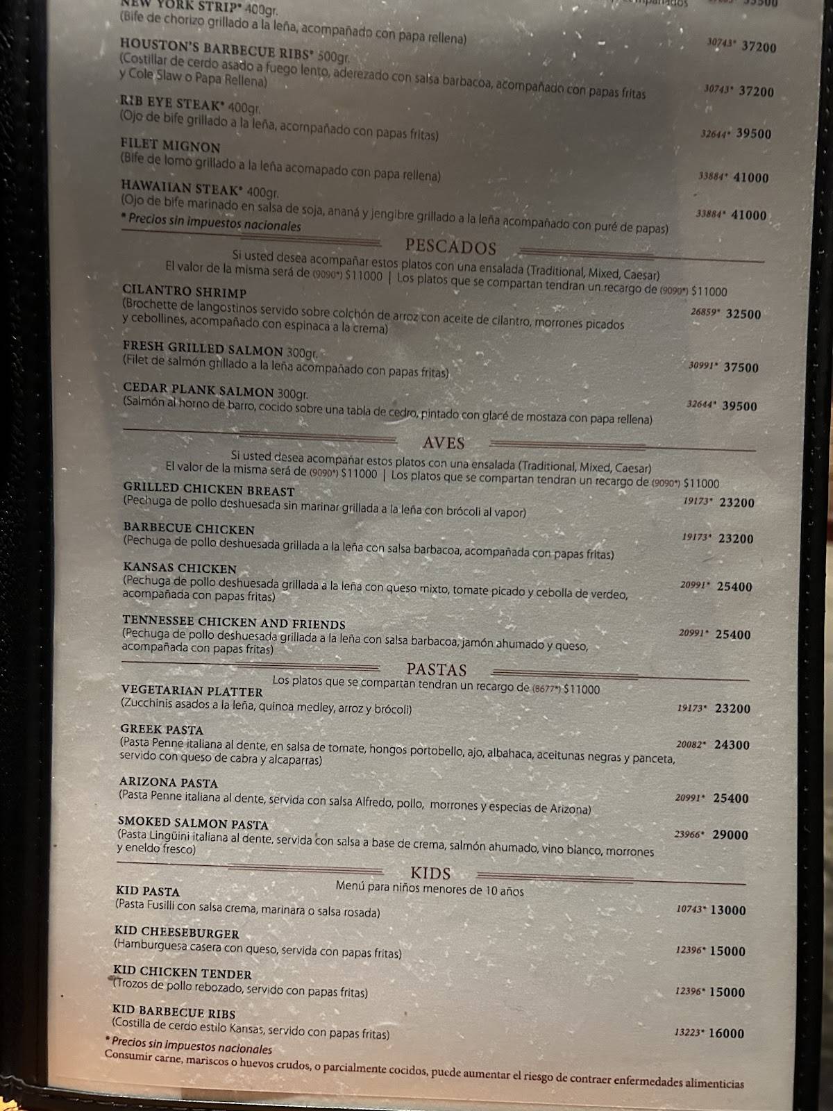 Carta del restaurante Kansas, San Isidro, Av. del Libertador 15089