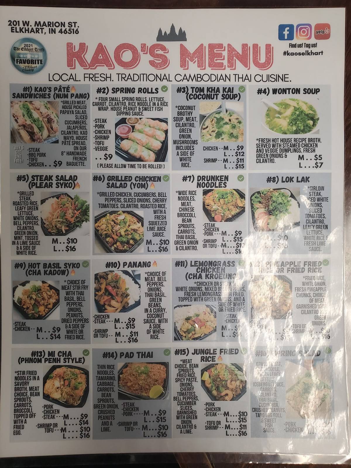 Menu at Kao's restaurant, Elkhart