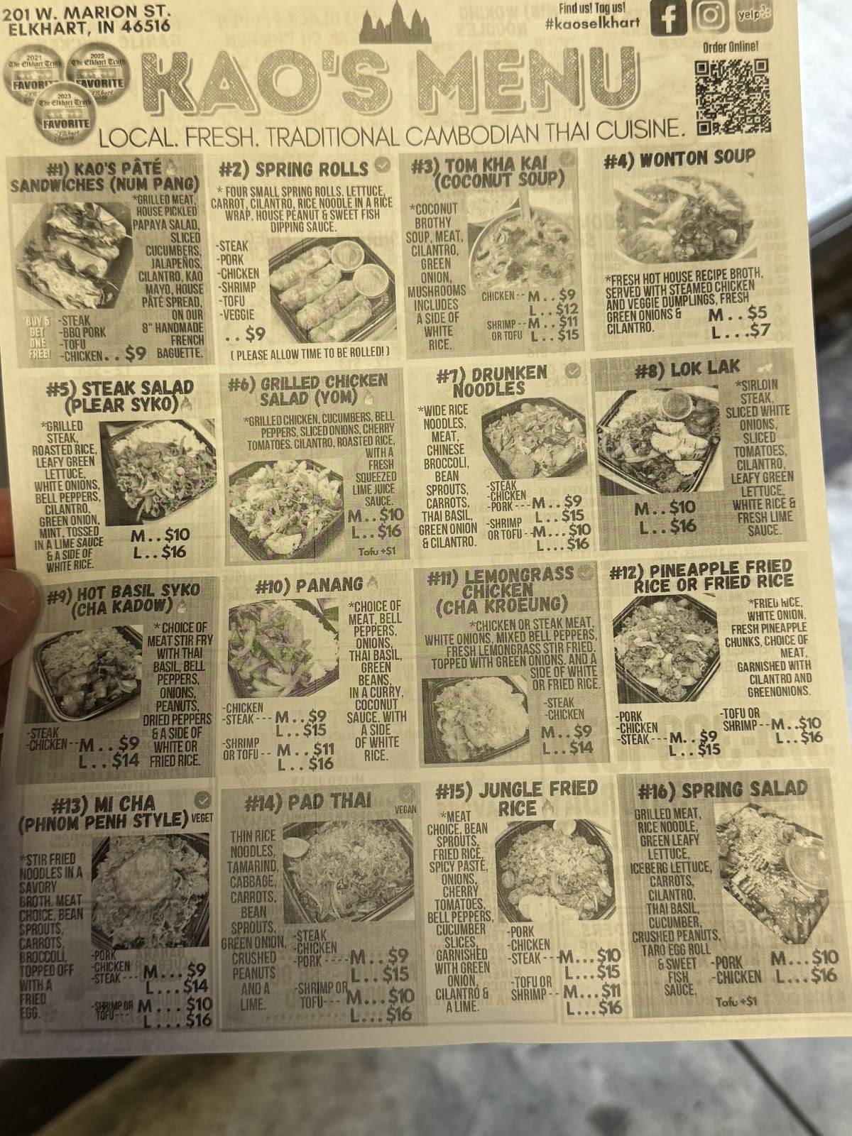Menu at Kao's restaurant, Elkhart