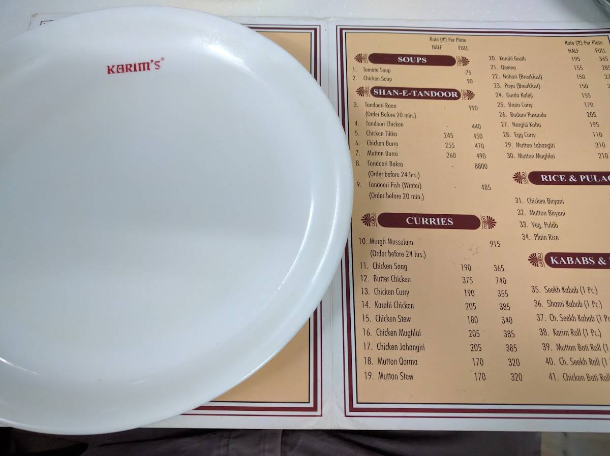 Menu at Karim Hotel, New Delhi, Near Humayun's Tomb