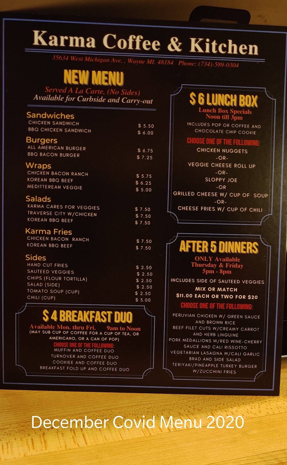 Menu at Karma Coffee Shop & Kitchen cafe, Wayne