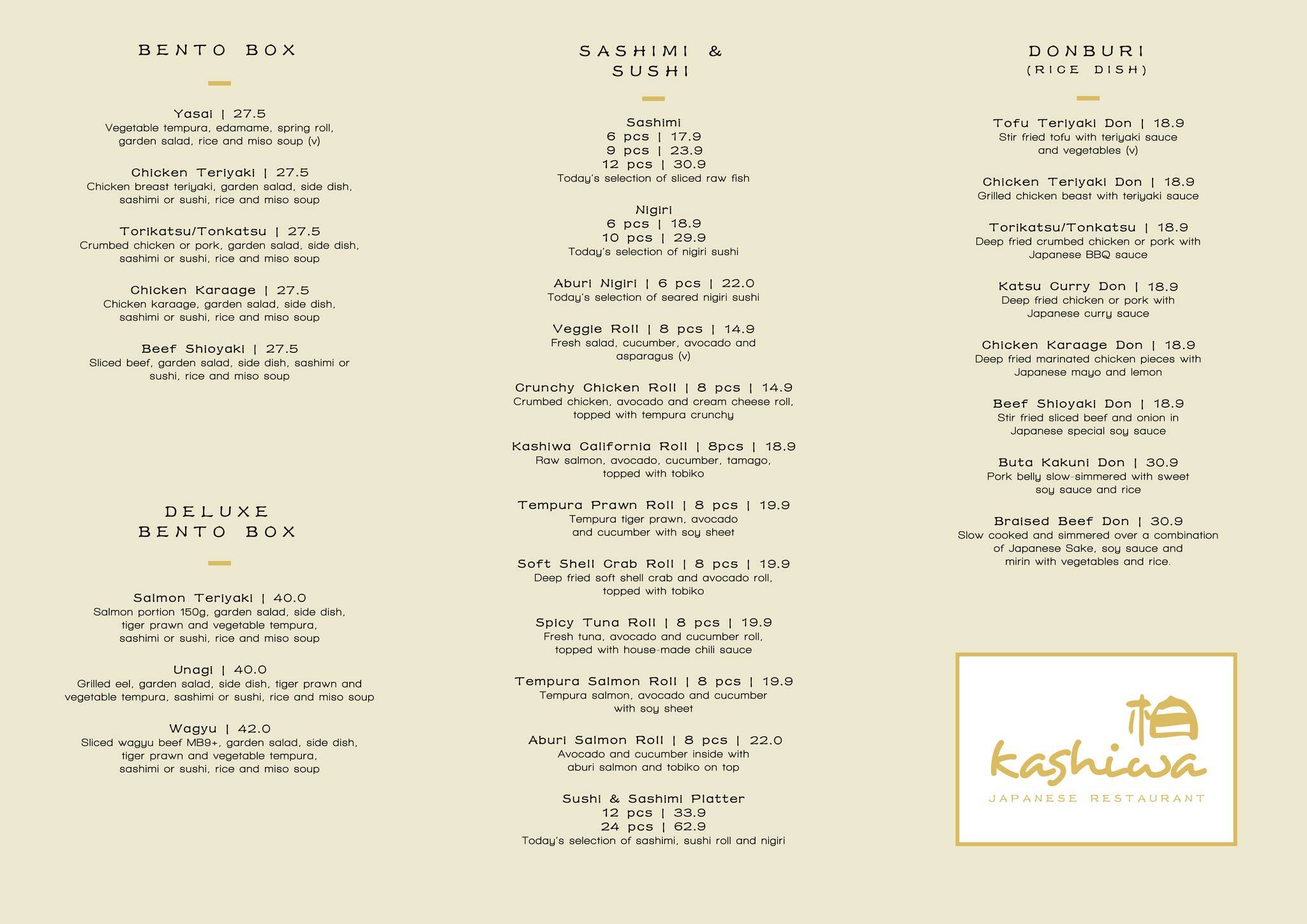 Menu at Kashiwa Japanese Restaurant, Scarborough