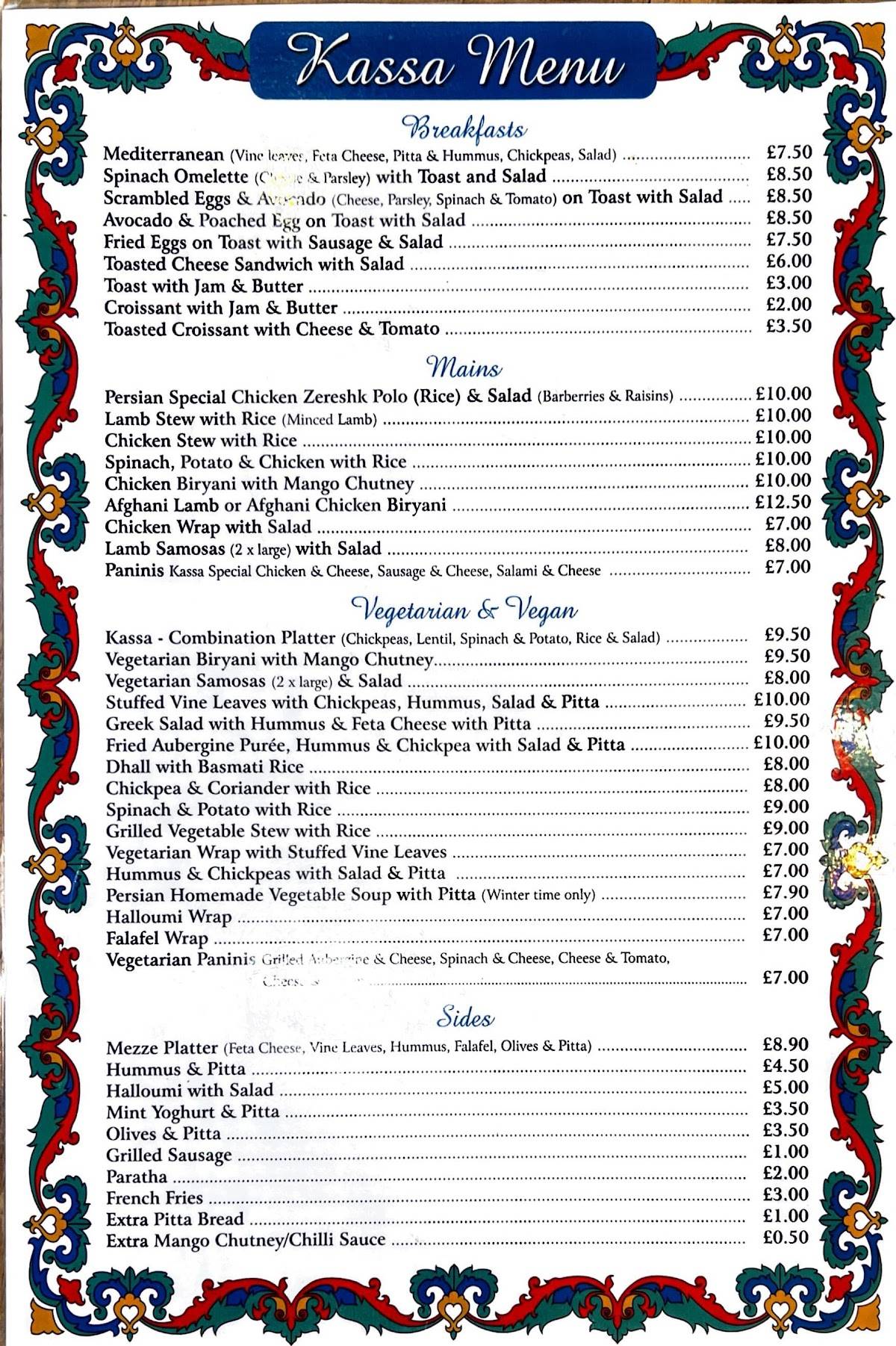 Menu at Kassa Coffee cafe, Saint Leonards