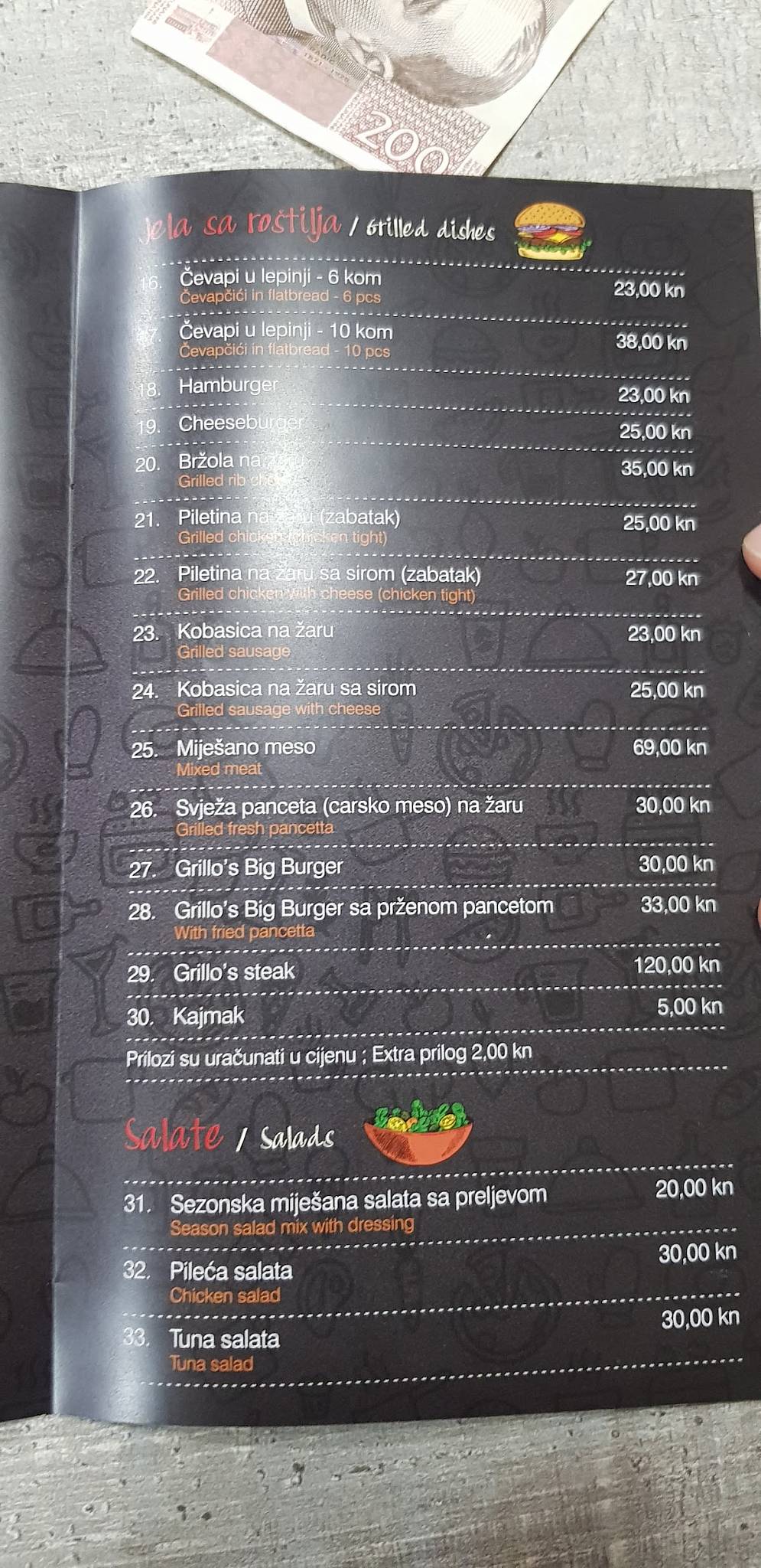 Menu at Grillos restaurant, Kaštel Stari
