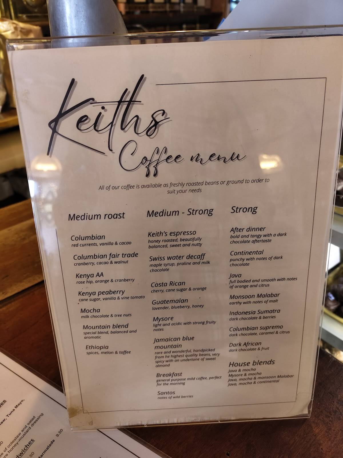 Menu at Keiths Coffee Shop cafe, Cirencester