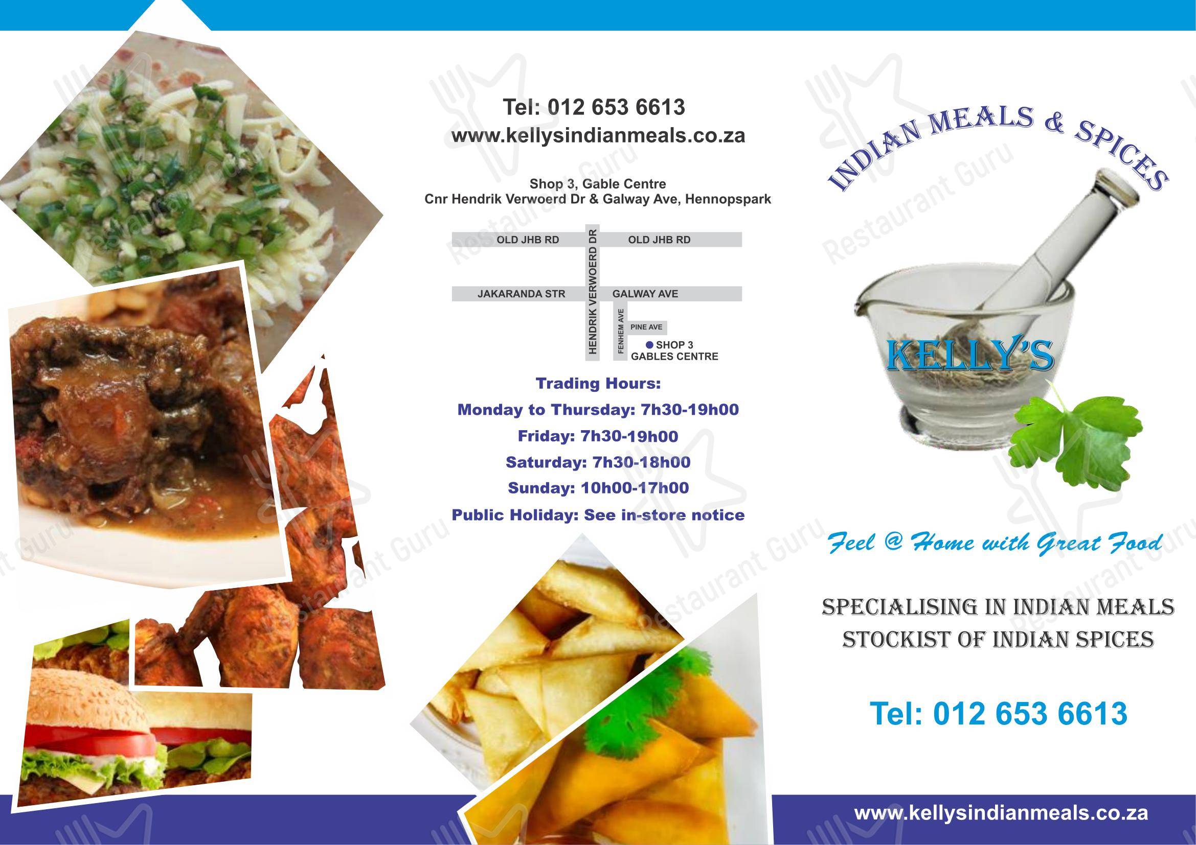 Menu at Kelly's Indian Meals restaurant, Centurion