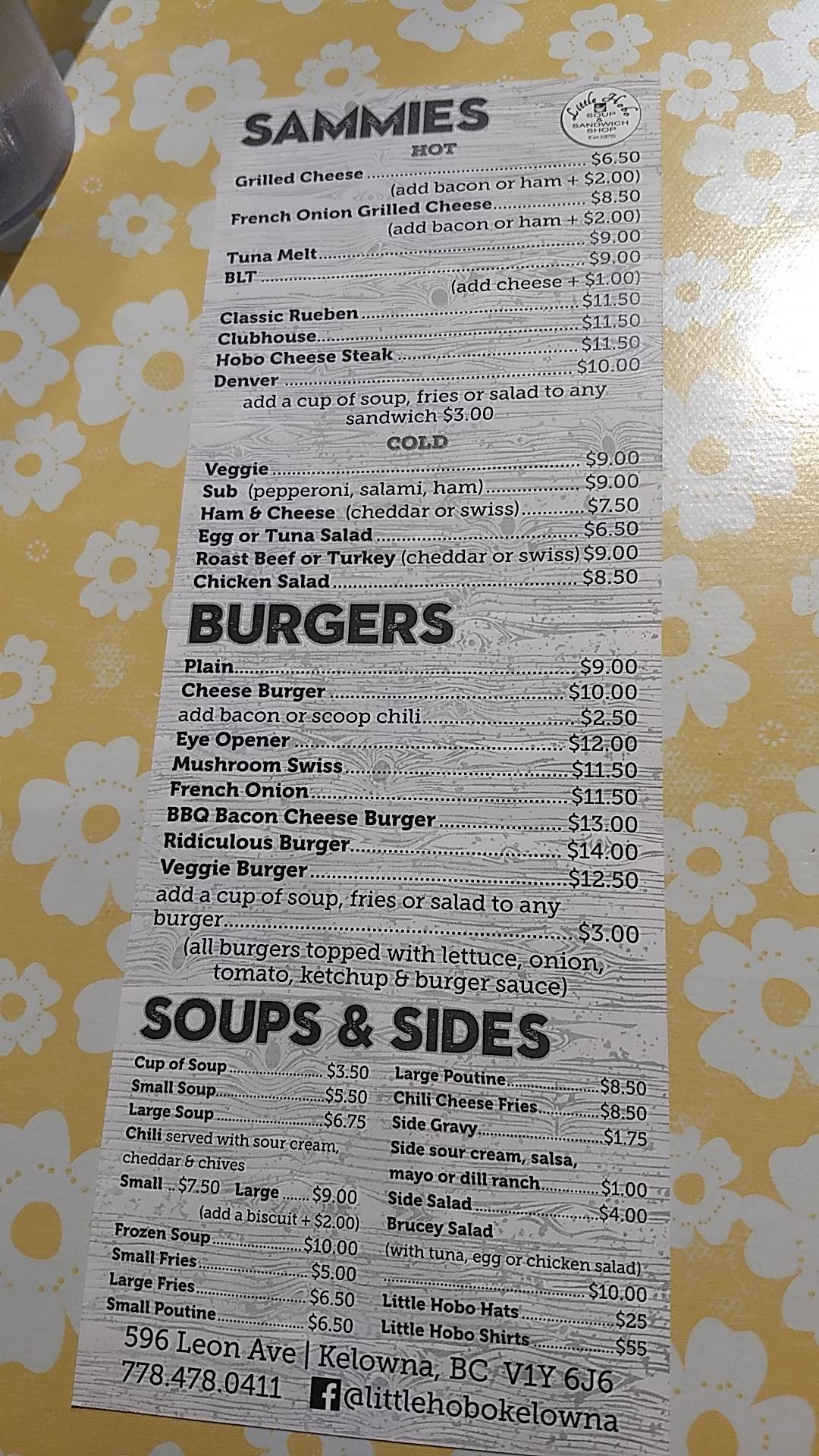 Menu at Little Hobo Soup & Sandwich Shop restaurant, Kelowna