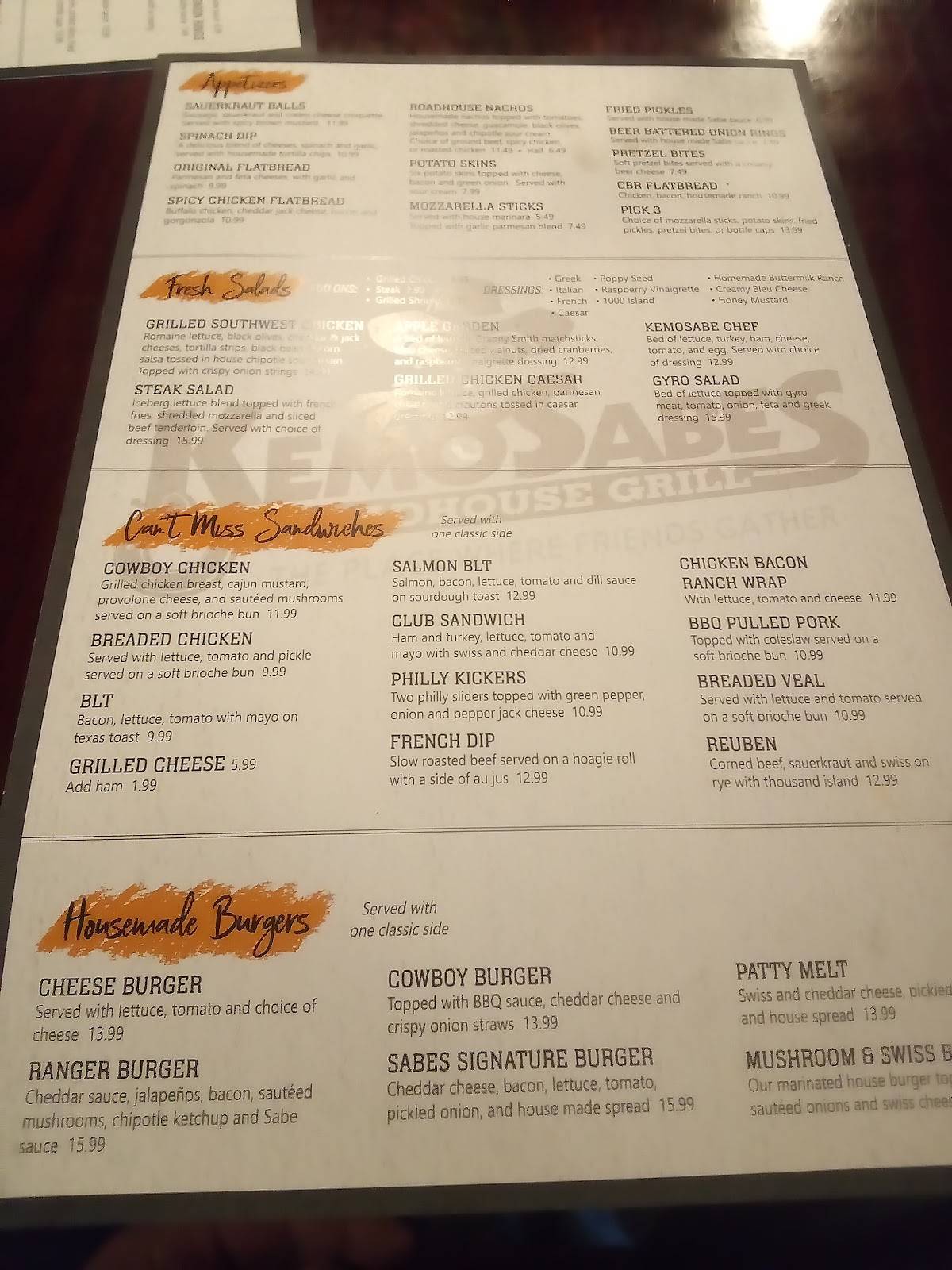 Menu at KemoSabes Roadhouse Grill - Fostoria, OH restaurant, Fostoria