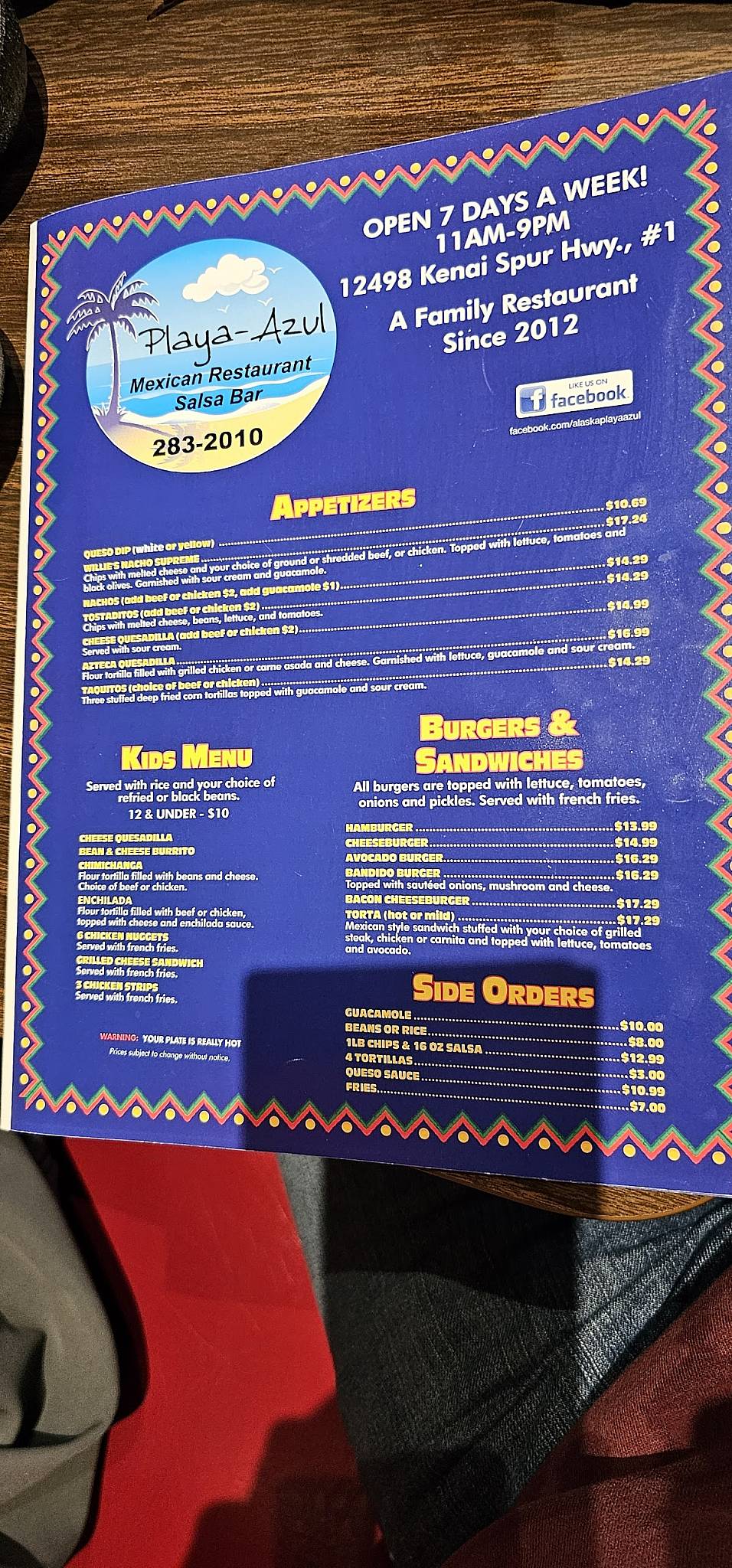 Menu at Playa Azul restaurant, Kenai, Kenai Spur Hwy