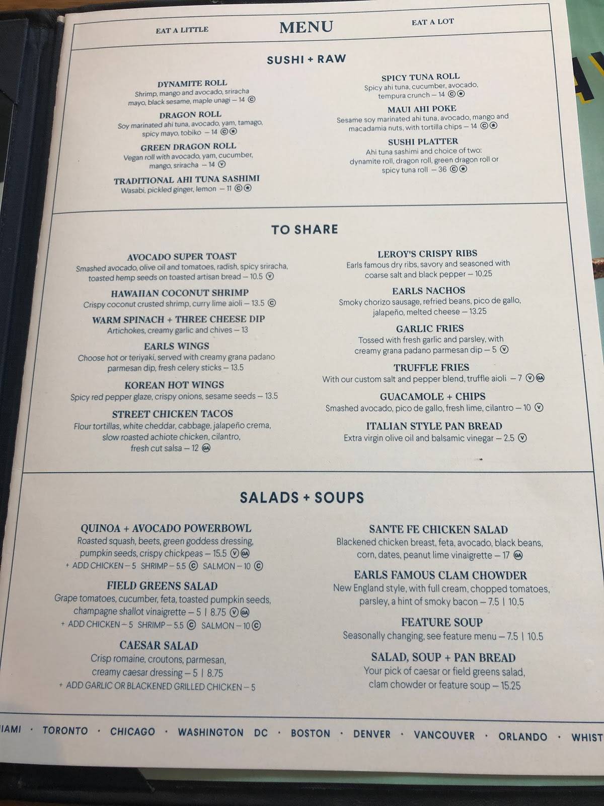 Menu at Earls Kitchen + Bar, Miami, N Kendall Dr Unit 2510