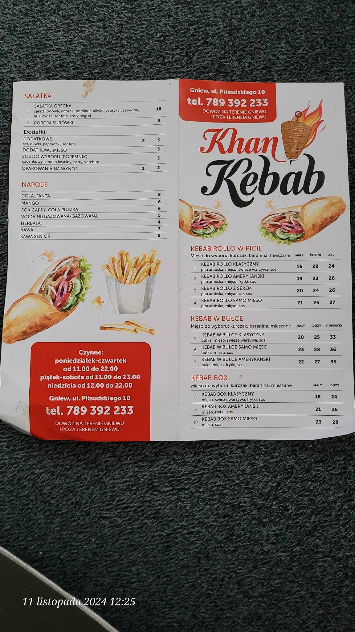 Menu at Khan Kebab restaurant, Gniew