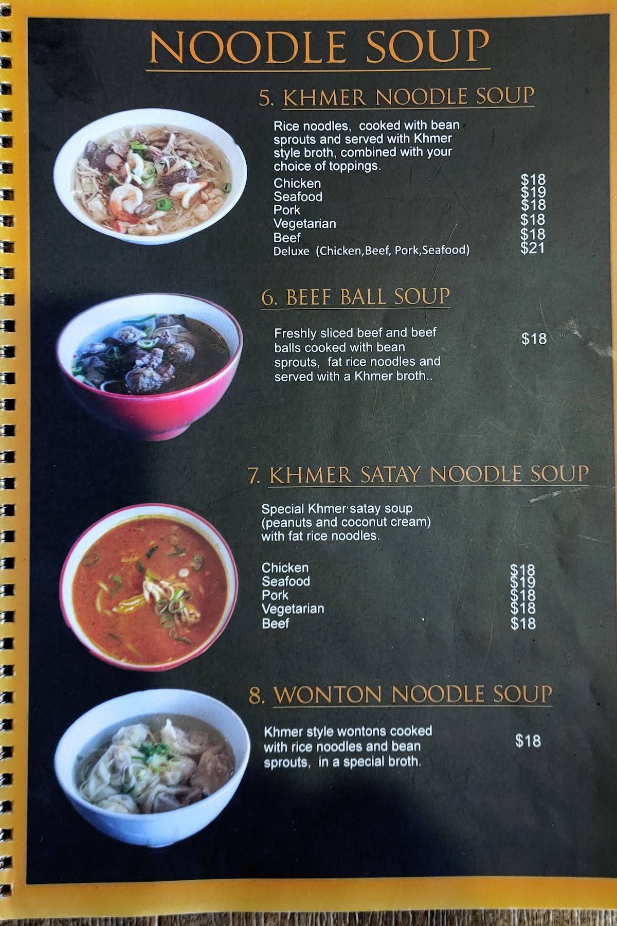 Menu at Khmer Cambodian Cuisine restaurant, Christchurch