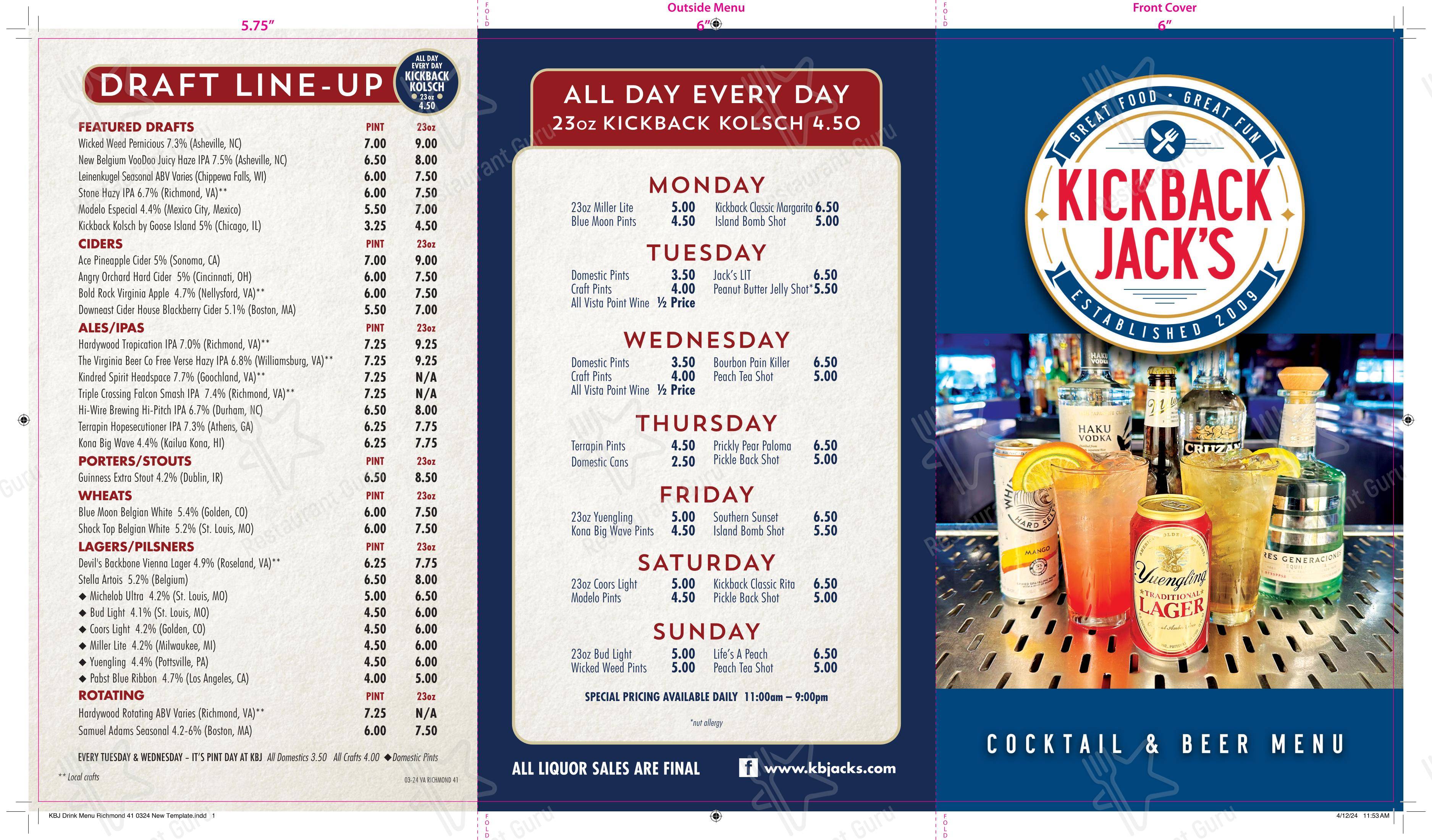 Menu at Kickback Jack’s pub & bar, Richmond, W Broad St