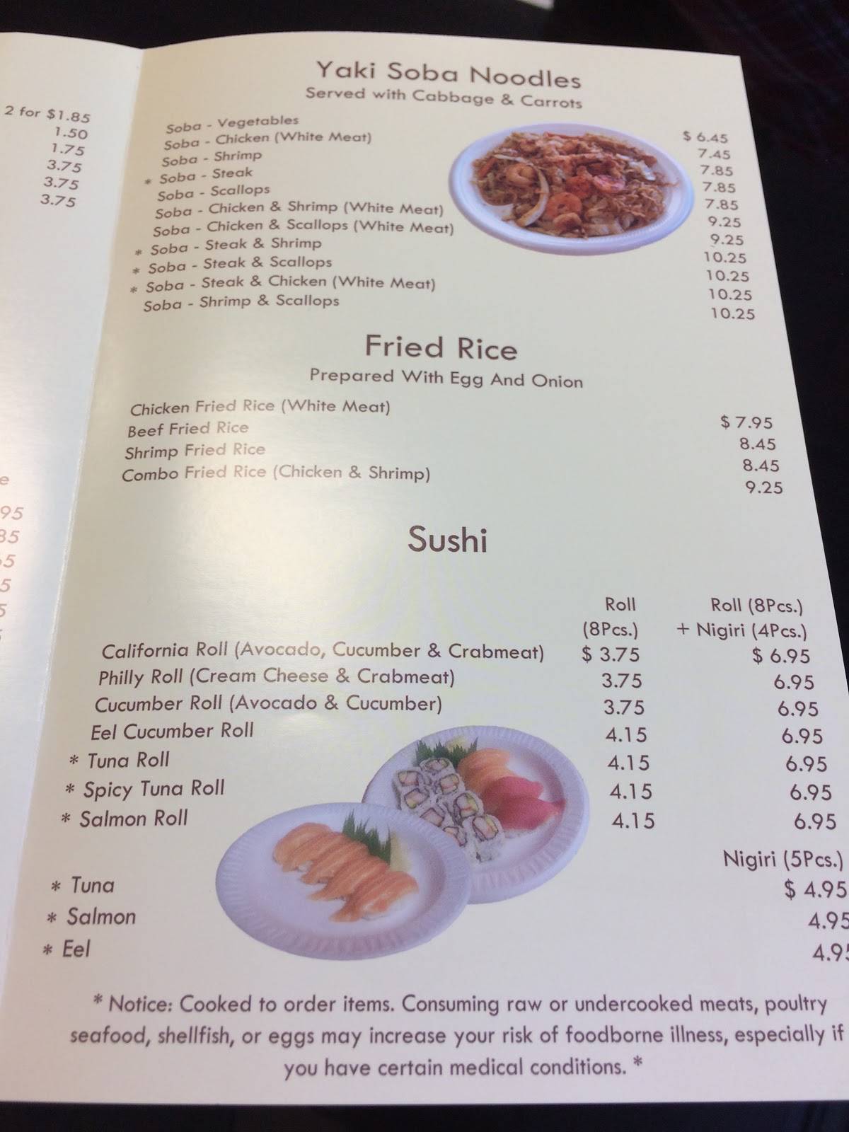 Menu at Kiko Japan Express restaurant, Knightdale