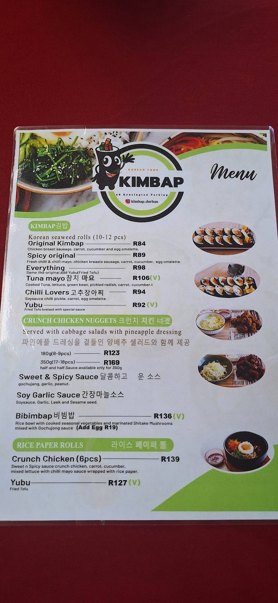 Menu at Kimbap.Durban restaurant, Durban North