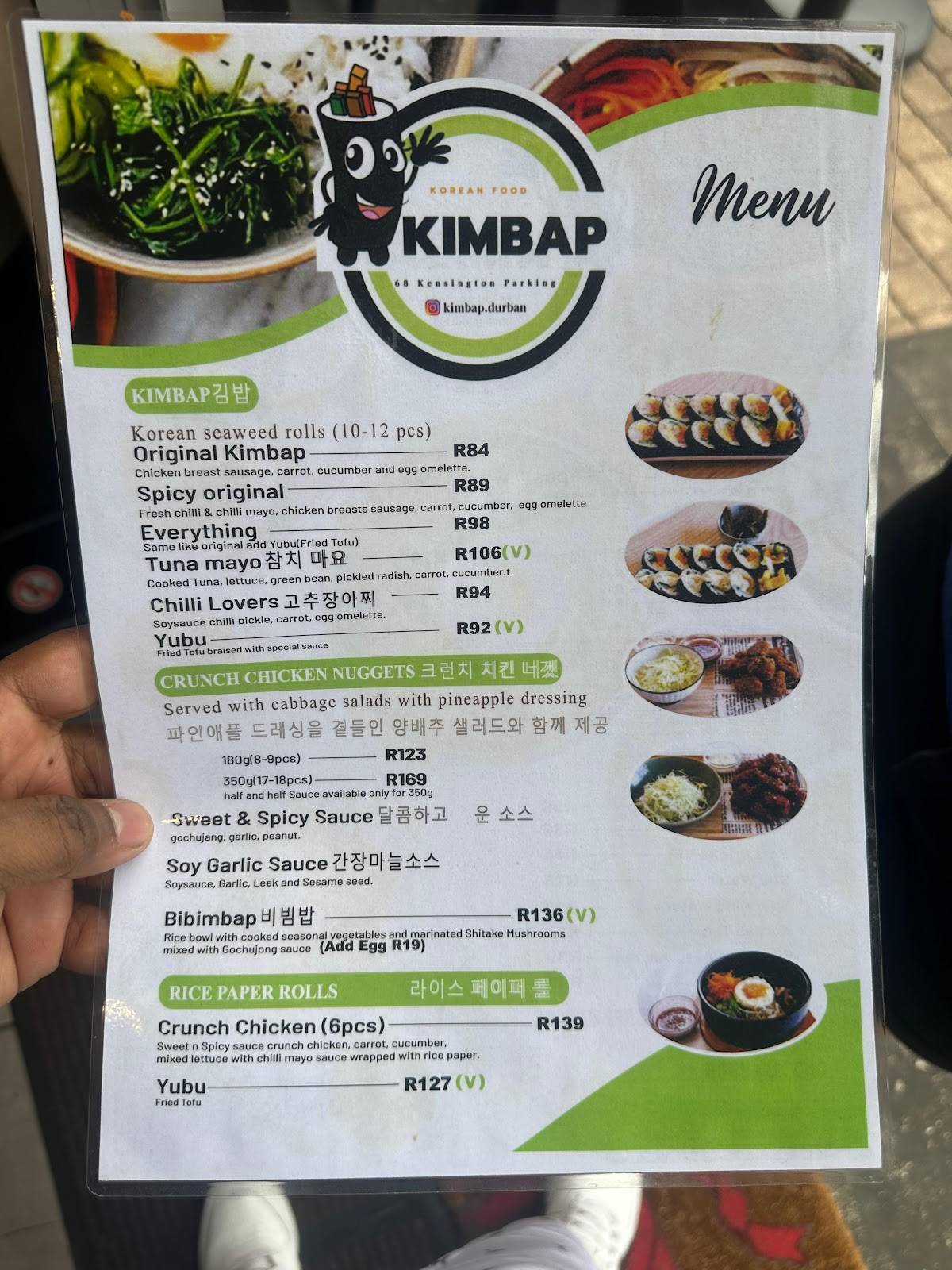 Menu au Kimbap.Durban restaurant, Durban North