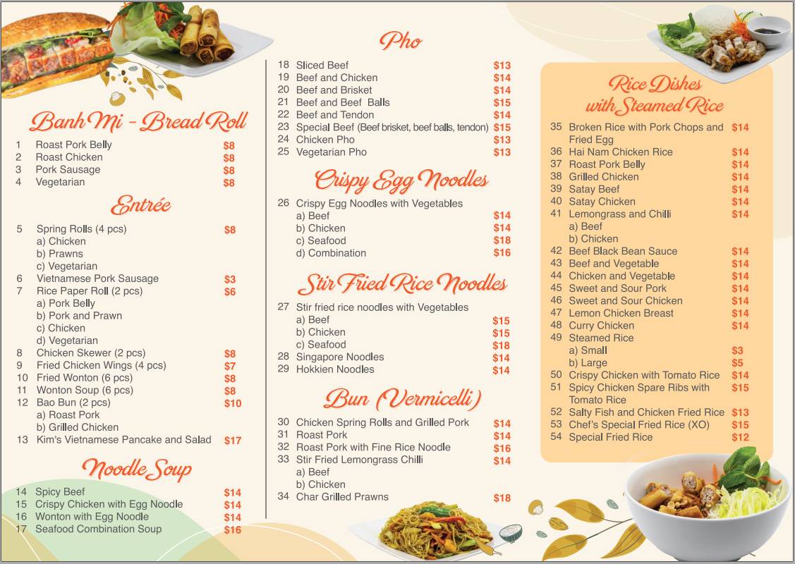 Menu at Kim's Vietnamese Restaurant, Ferntree Gully