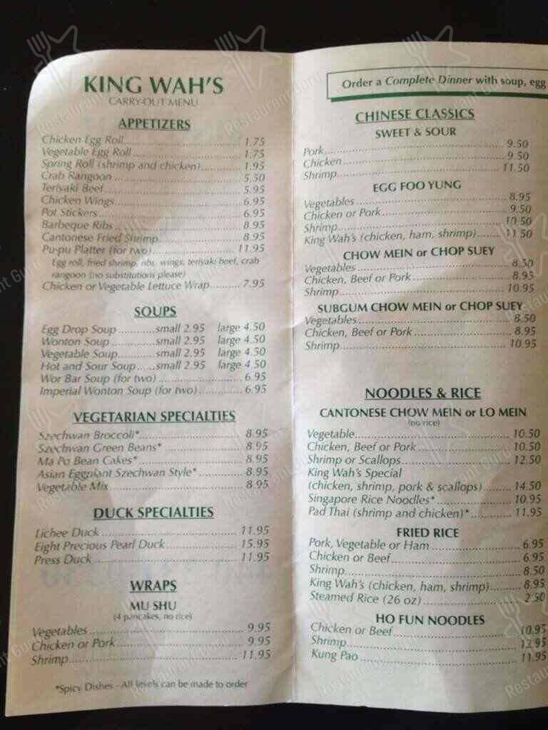 Menu at King Wah restaurant, Rocky River, Center Ridge Rd
