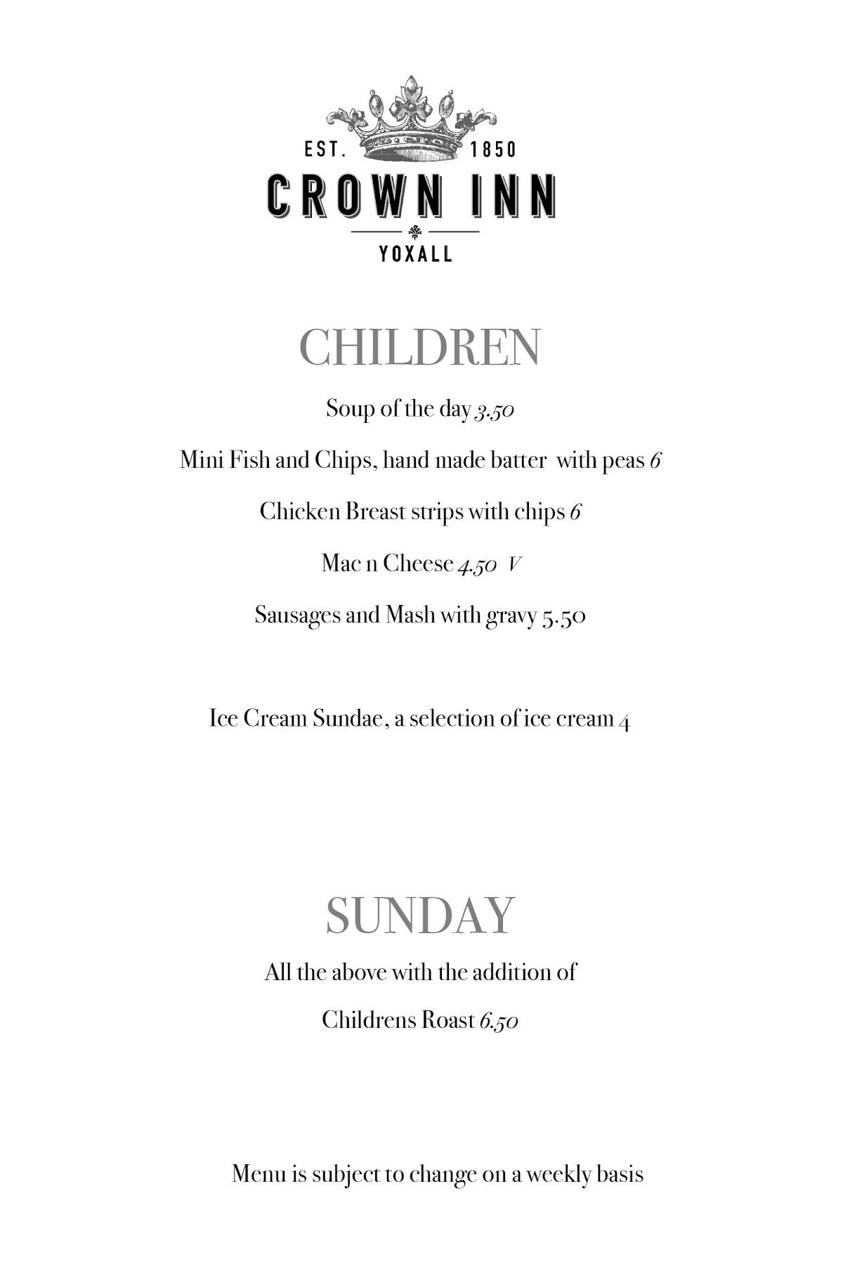 Menu at The Crown Inn pub & bar, Yoxall