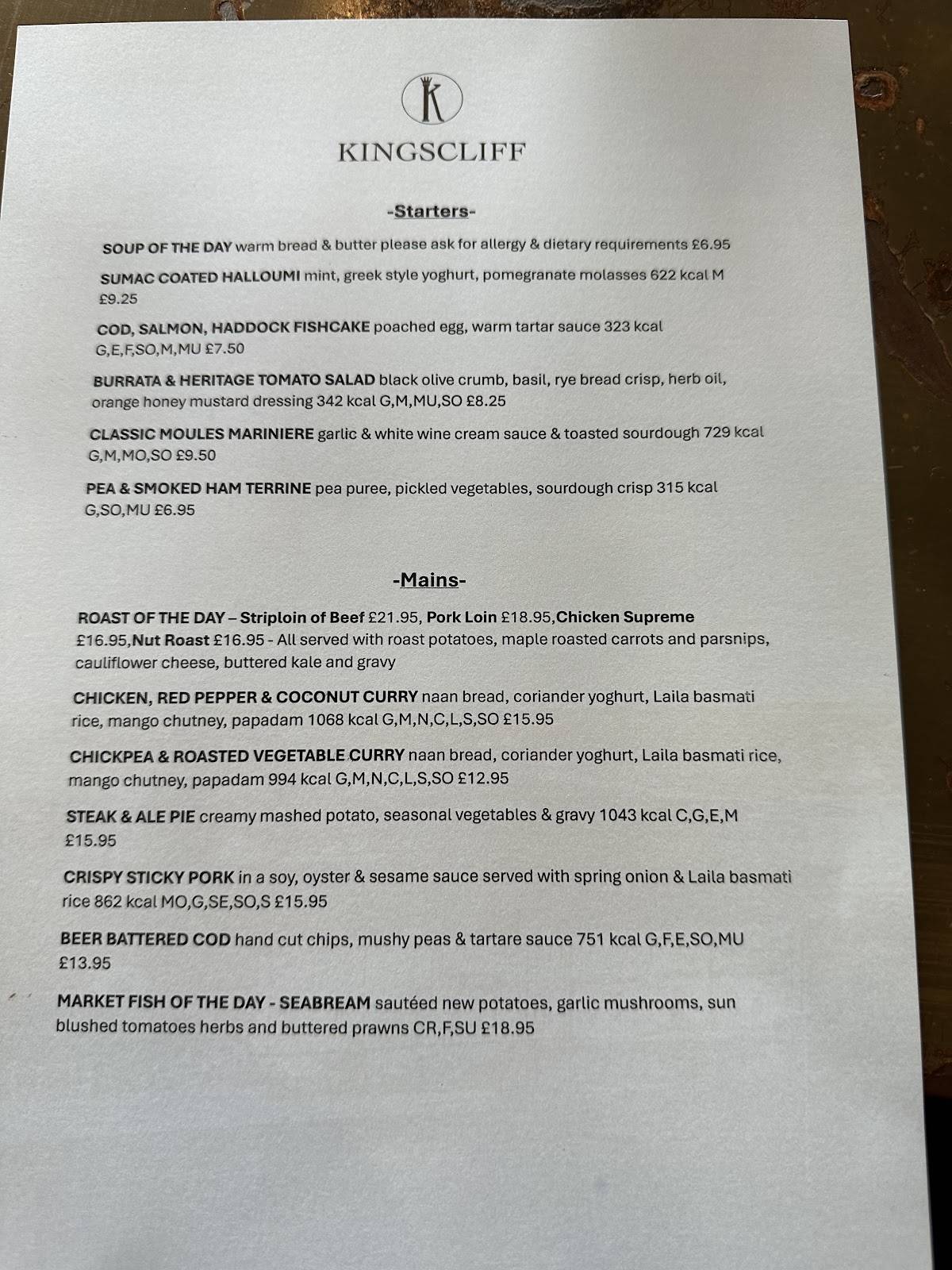Menu at Kingscliff Food and Drink restaurant, Clacton-on-Sea