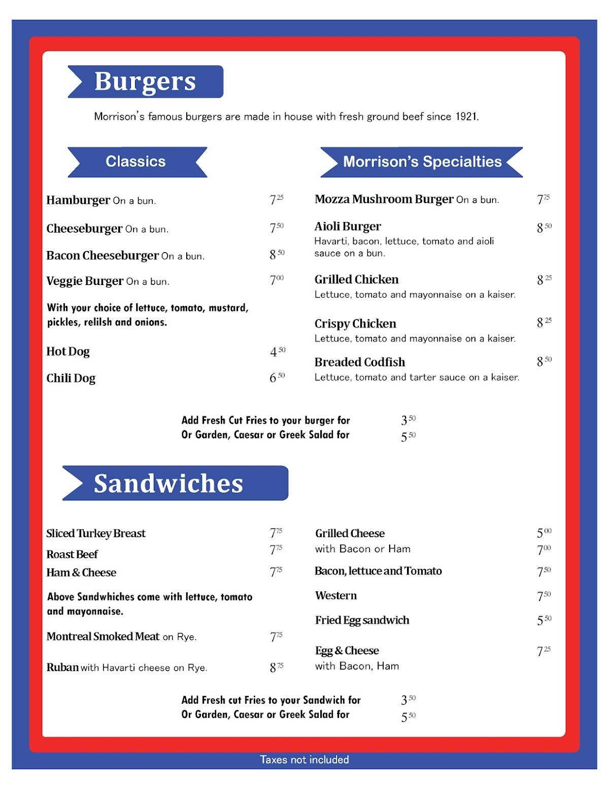 Menu at Morrison's Restaurant, Kingston